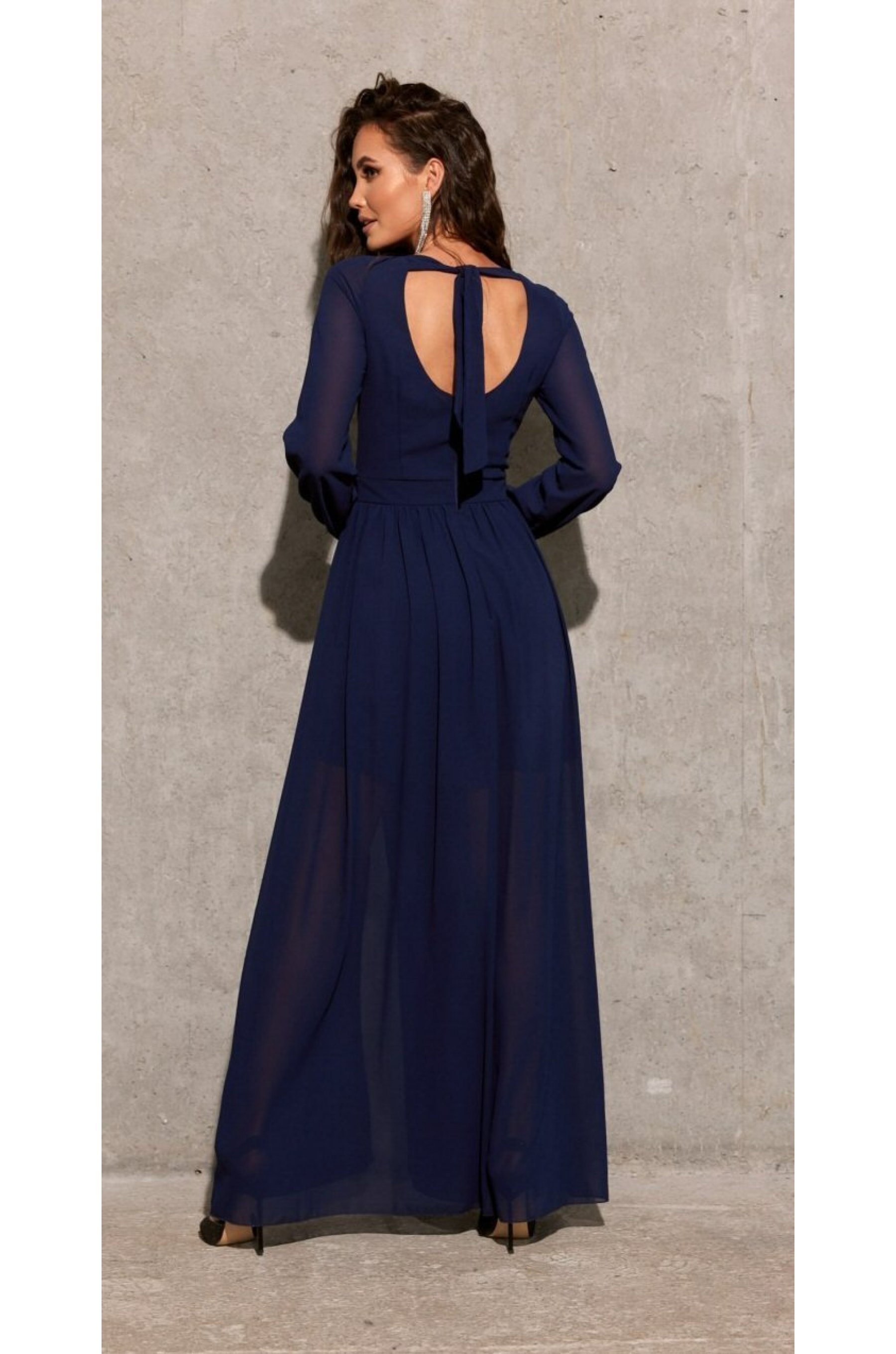 Rochie lunga din voal chiffon bleumarin vaporoasa cu maneca lunga ...