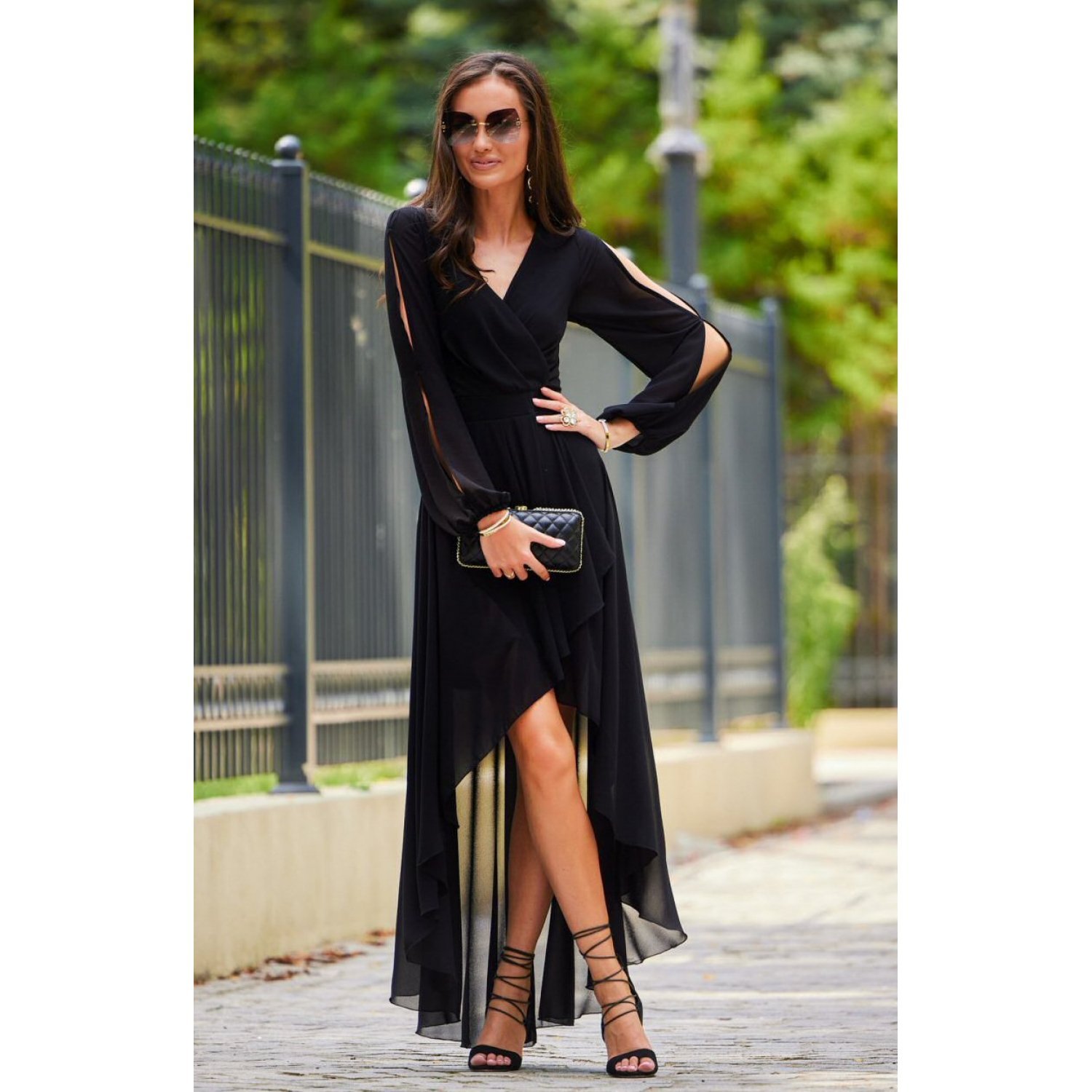 Rochie lunga neagra din voal cu maneca lunga vaporoasa Jessica ...