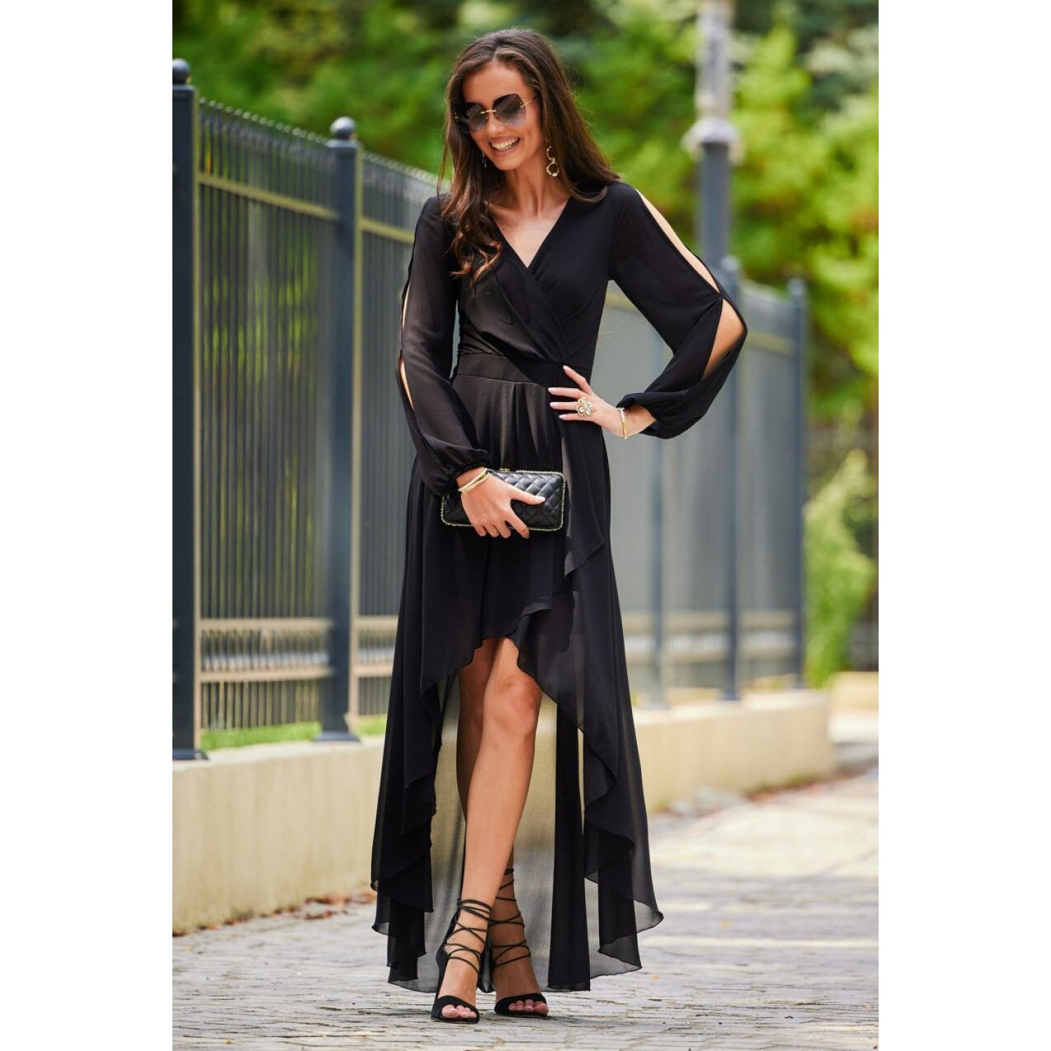 Rochie lunga neagra din voal cu maneca lunga vaporoasa Jessica ...