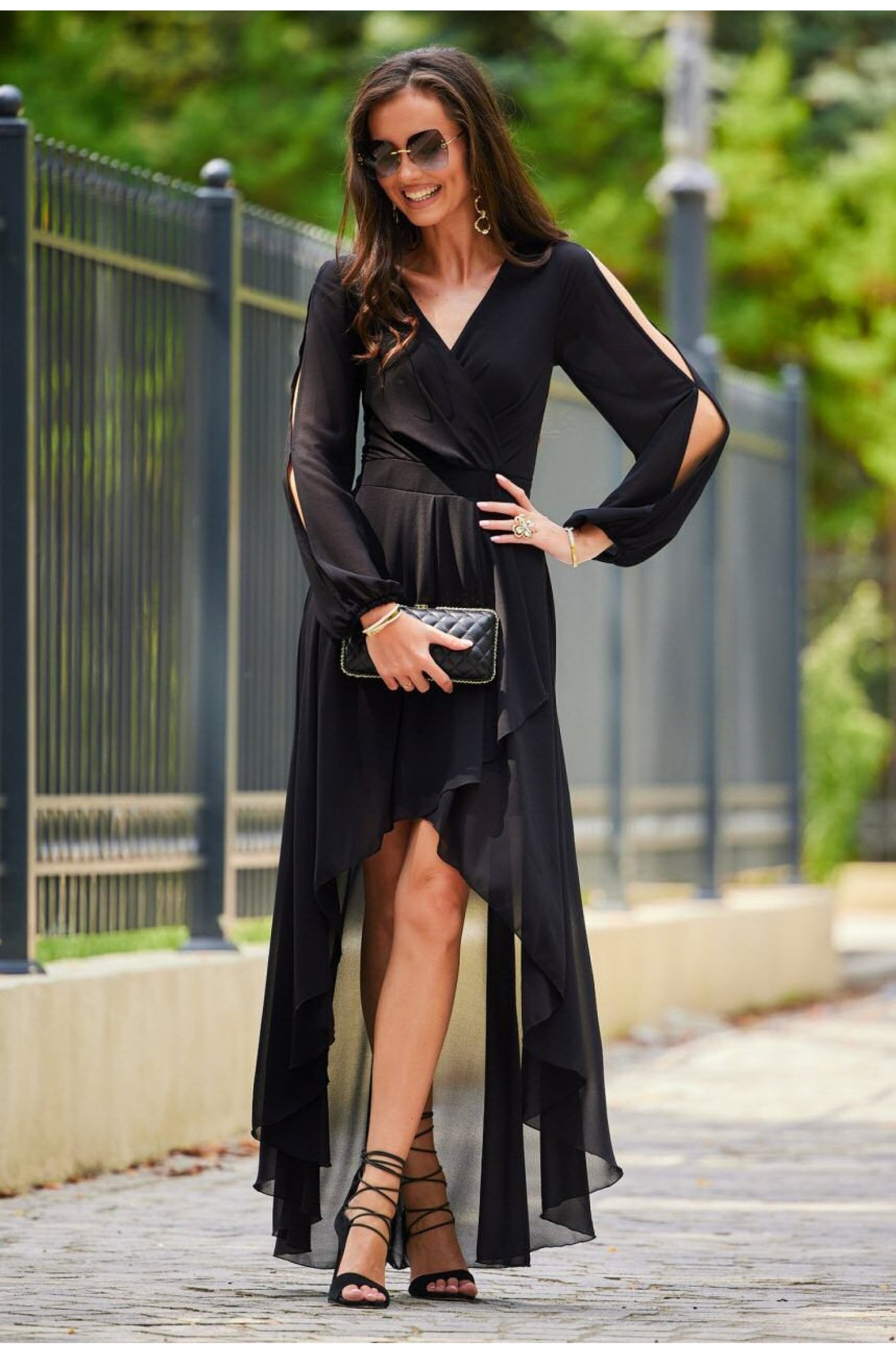 Rochie lunga neagra din voal cu maneca lunga vaporoasa Jessica ...