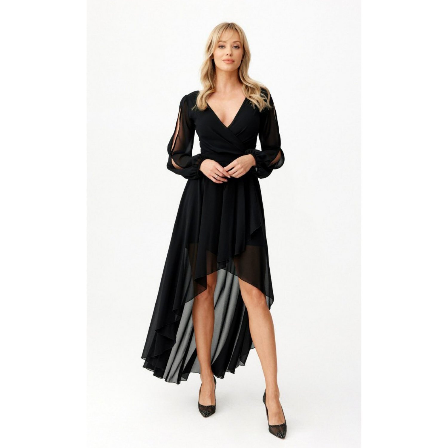 Rochie lunga neagra din voal cu maneca lunga vaporoasa Jessica ...