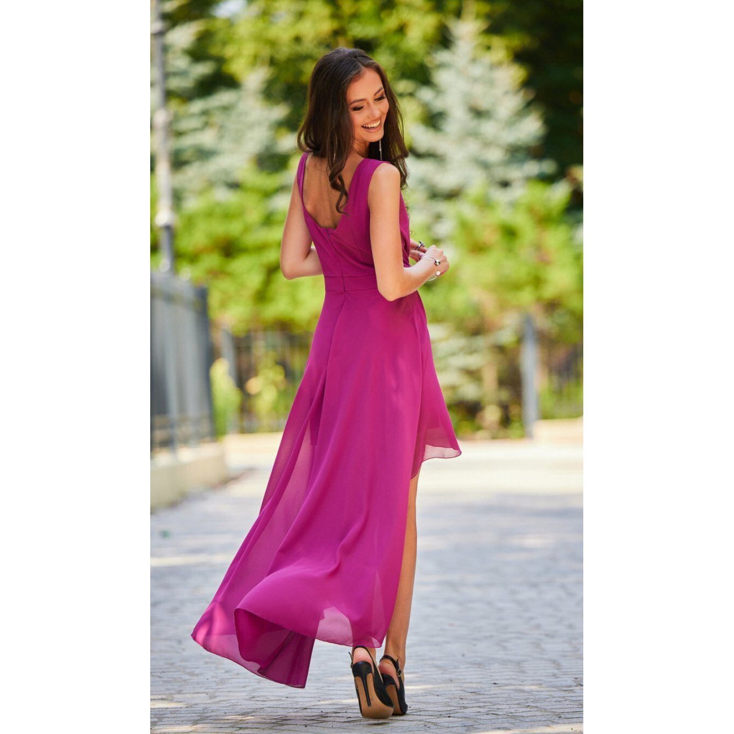 Rochie lunga din voal roz fucsia vaporoasa Fiona - JojoFashion.ro