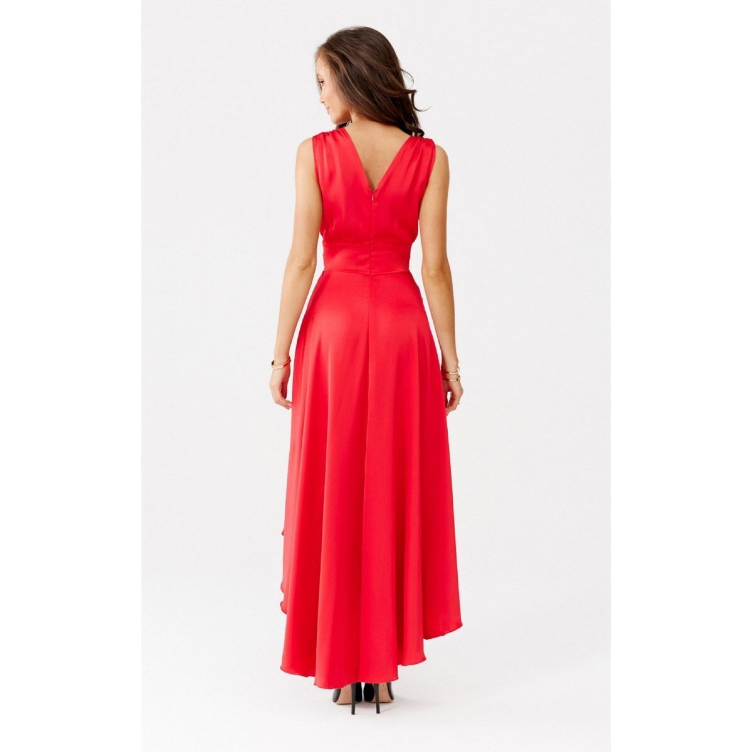 Rochie eleganta midi, din satin, rosie, asimetrica, cu trena, Jennifer ...