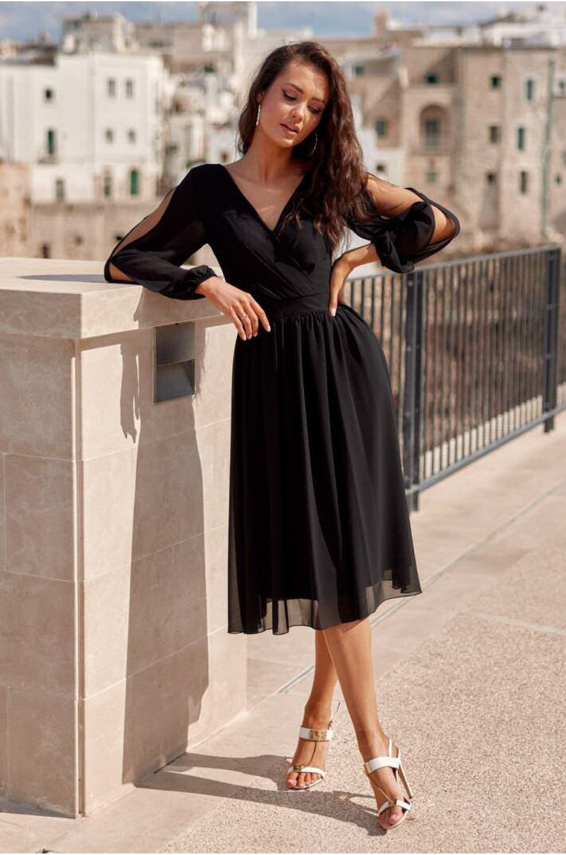 Rochie midi neagra din voal cu maneca lunga vaporoasa Melen ...