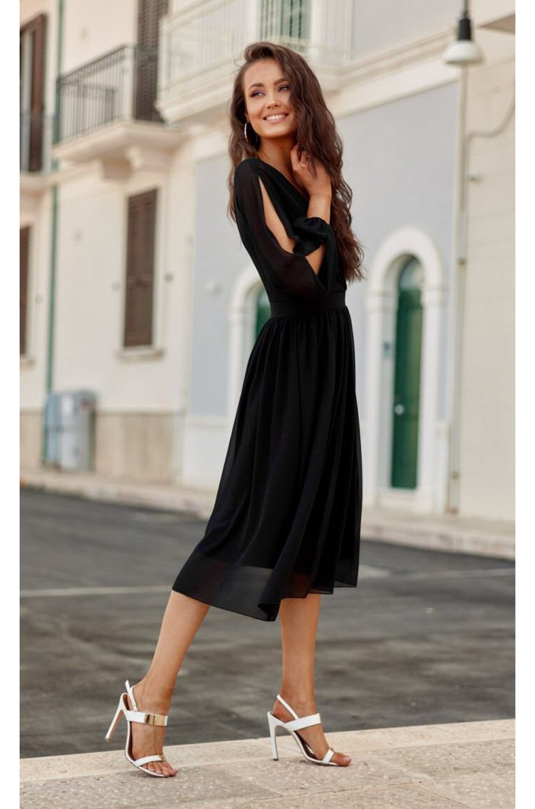Rochie midi neagra din voal cu maneca lunga vaporoasa Melen ...
