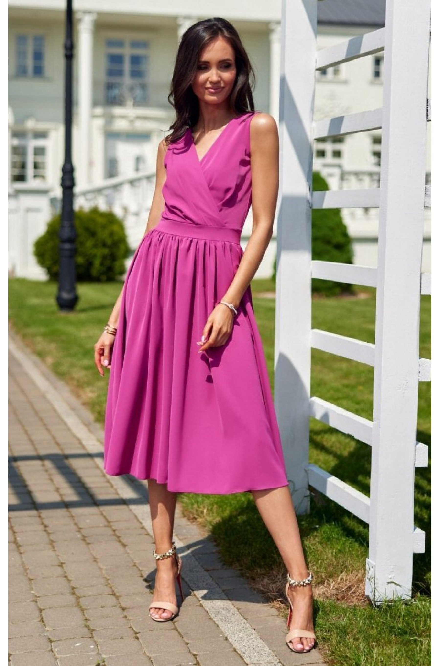 Rochie eleganta midi, din voal, roz magenta, vaporoasa, petrecuta, Margie - JojoFashion.ro