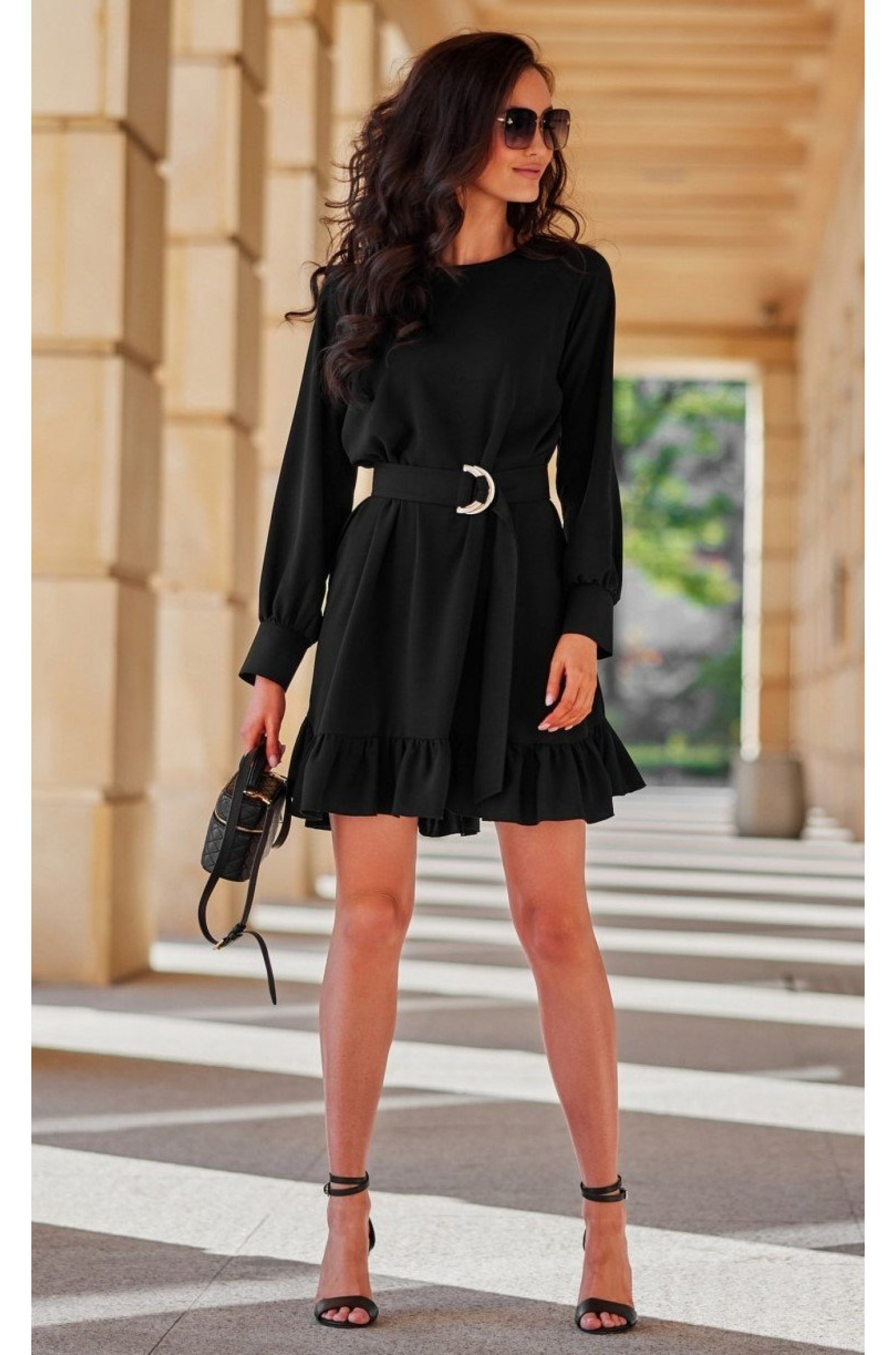 Rochie scurta neagra cu maneca lunga si volan SintraR - JojoFashion.ro