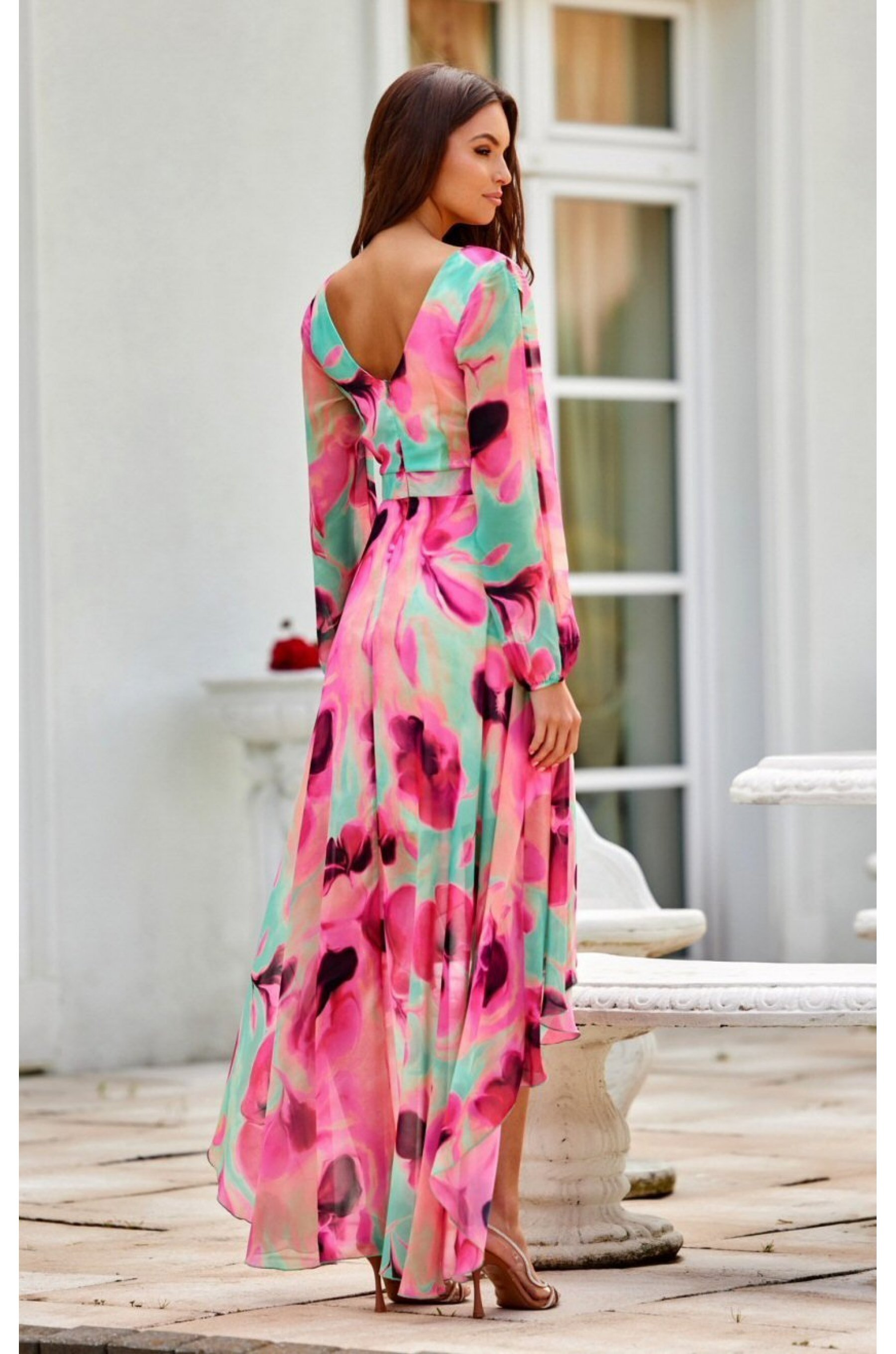 Rochie din voal lunga cu flori roz, cu maneca lunga, vaporoasa, Sureya - JojoFashion.ro