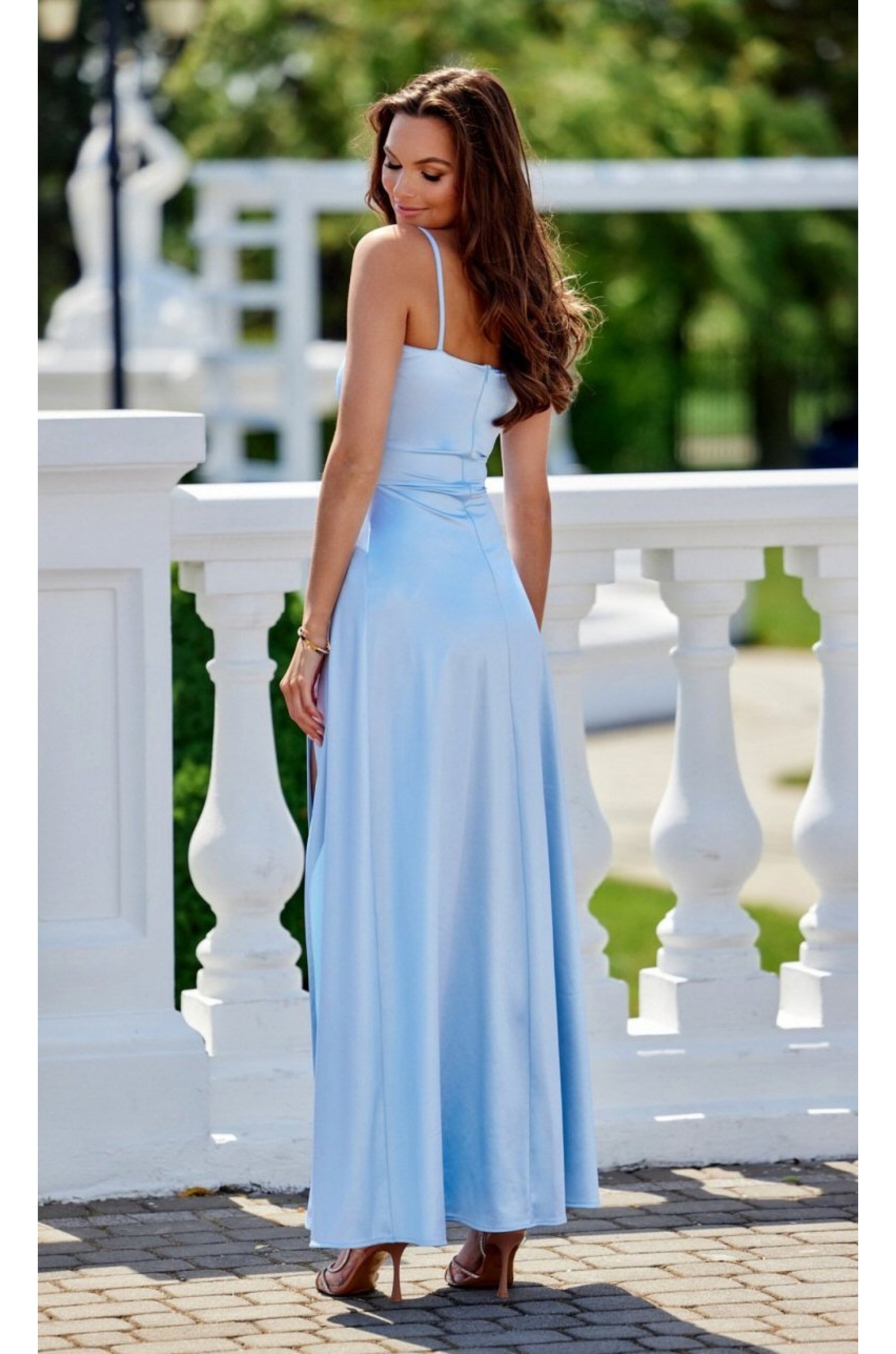 Rochie lunga, din satin, baby blue, petrecuta, SalmaR - JojoFashion.ro