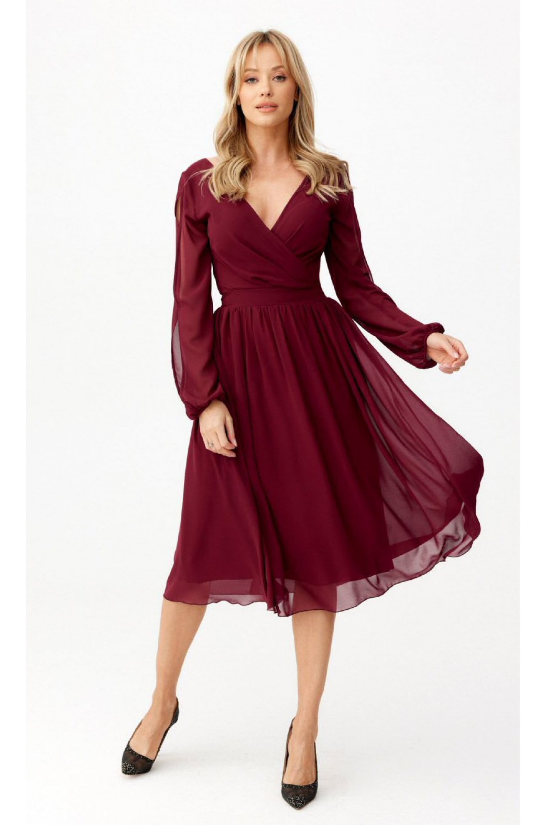 Rochie midi din voal burgundy vaporoasa cu maneca lunga Melen ...