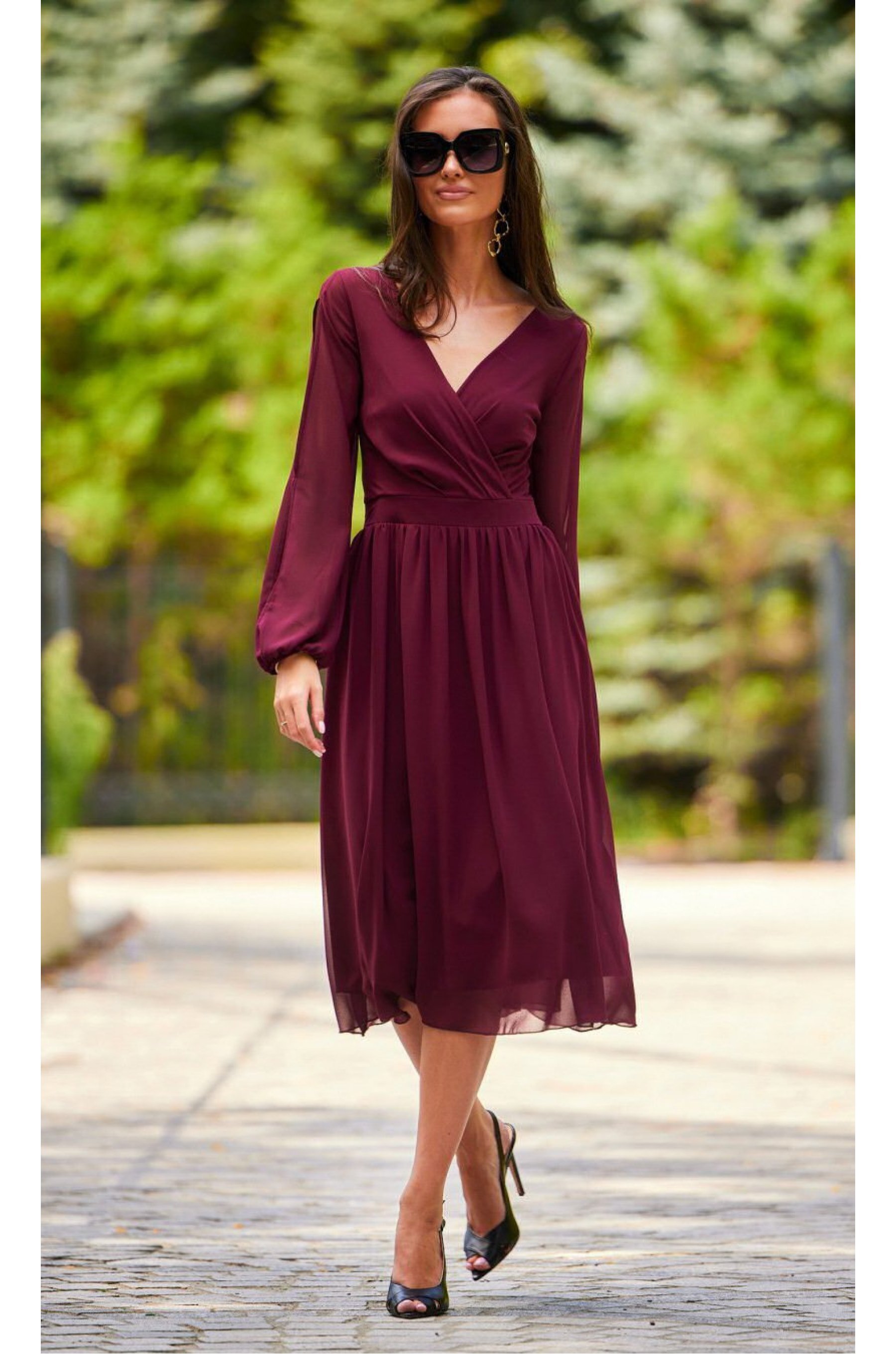 Rochie midi din voal burgundy vaporoasa cu maneca lunga Melen ...