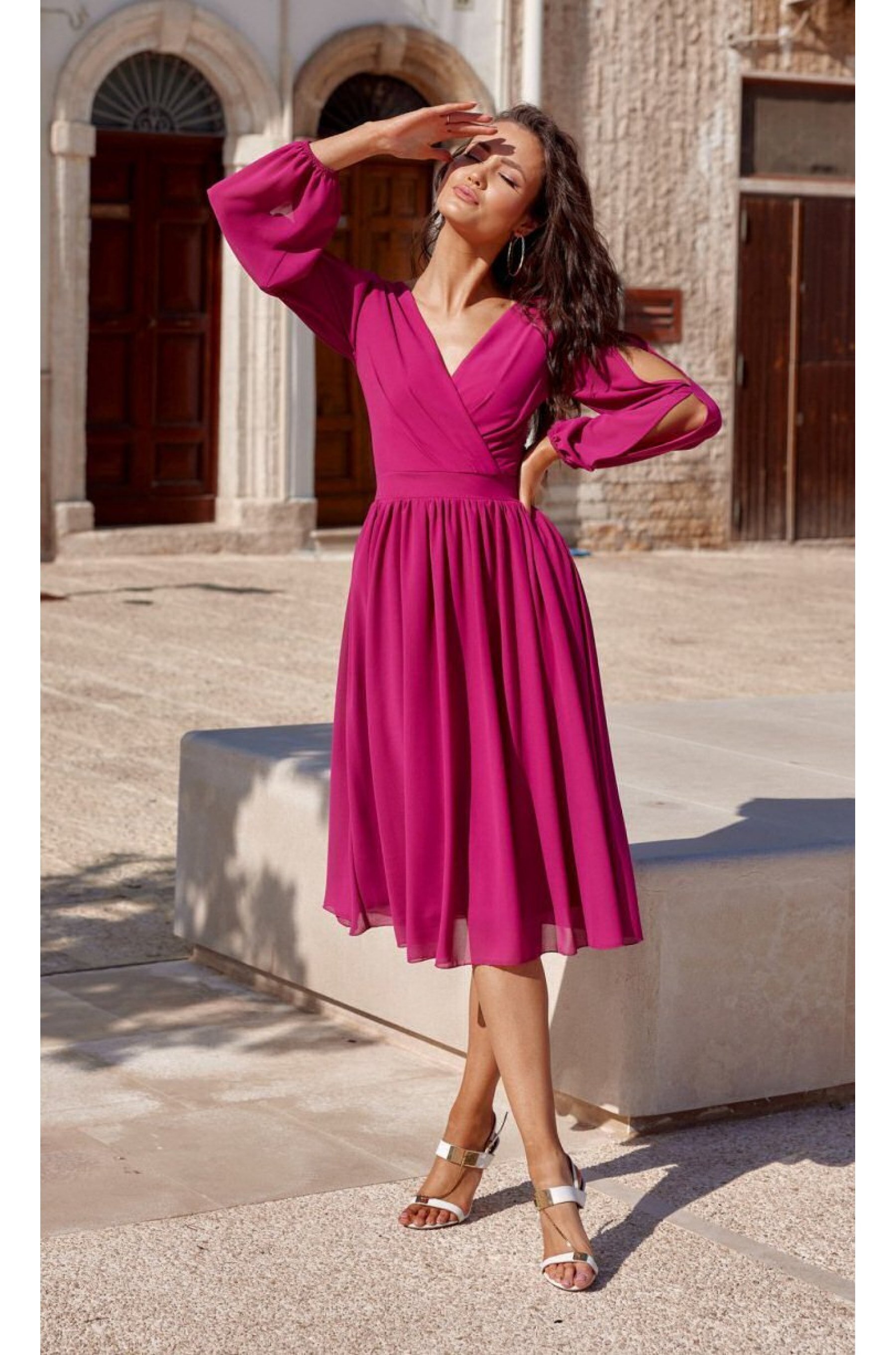 Rochie din voal roz magenta midi cu maneca lunga vaporoasa Melen ...