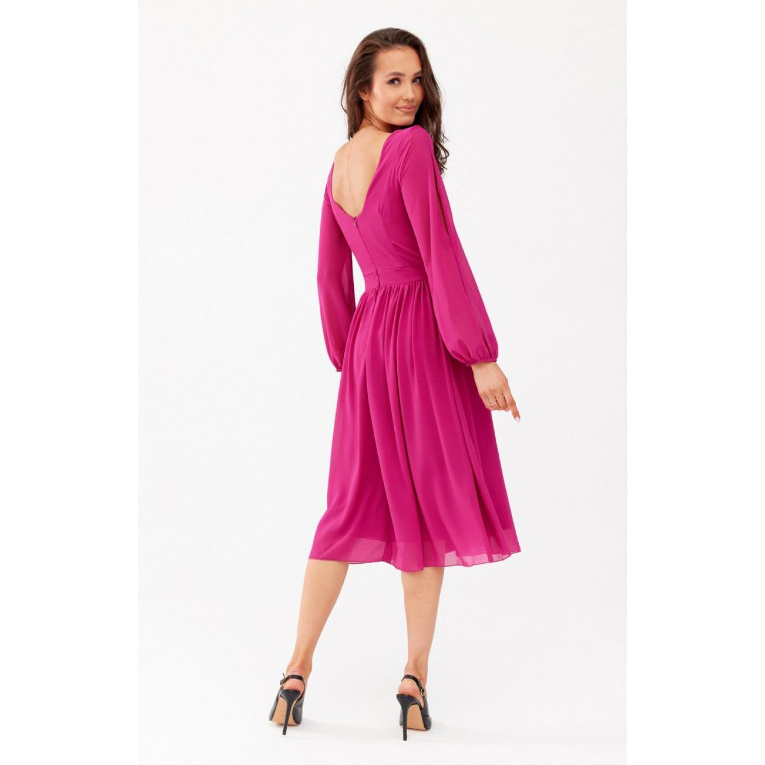 Rochie din voal roz magenta midi cu maneca lunga vaporoasa Melen ...