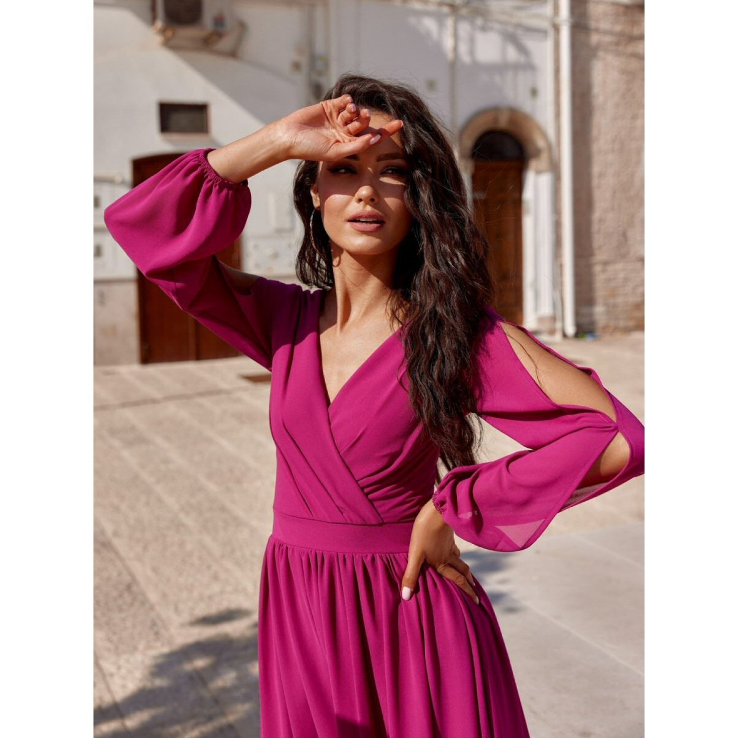 Rochie din voal roz magenta midi cu maneca lunga vaporoasa Melen ...