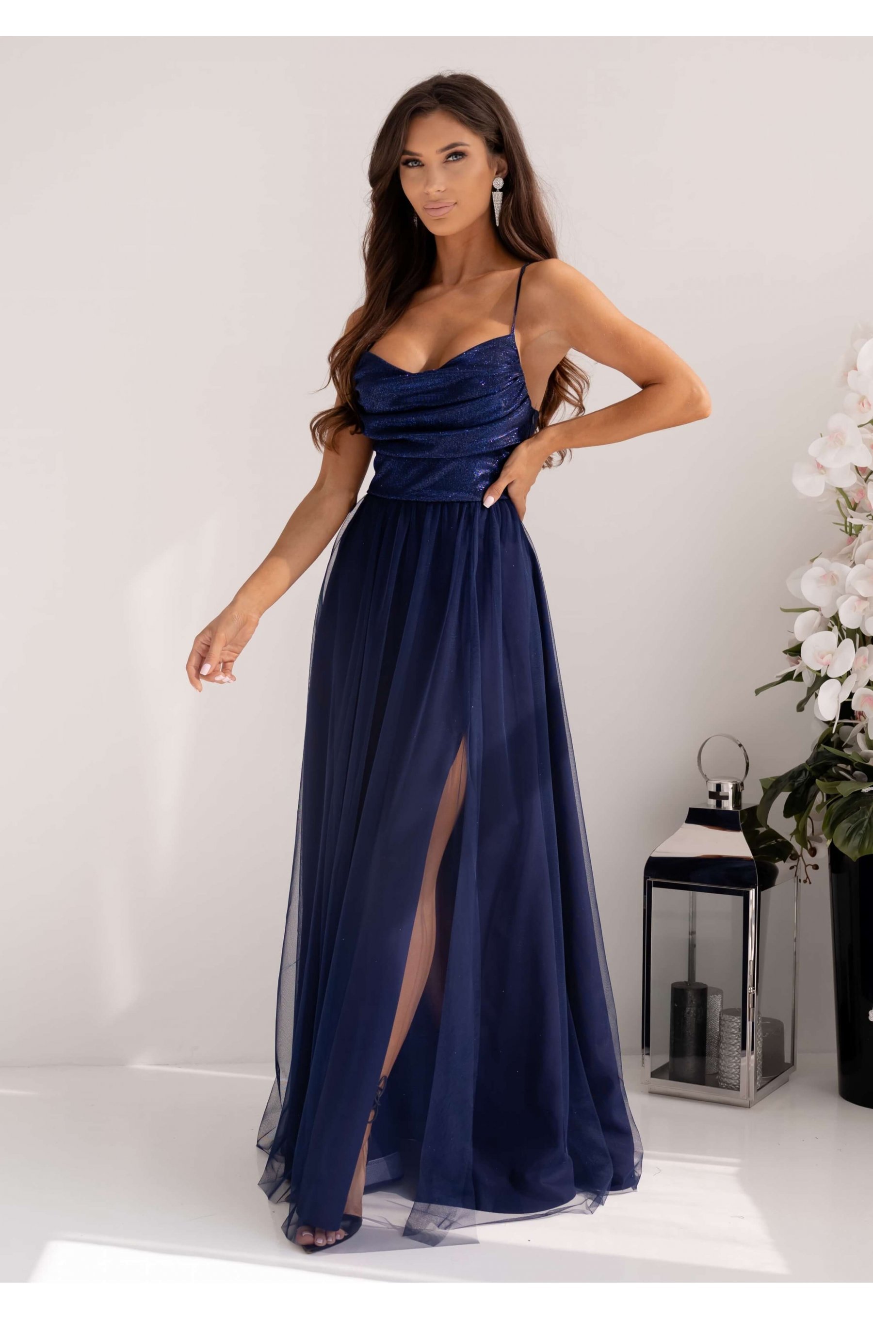 Rochie lunga din tulle si brocard bleumarin cu bustul tip corset si ...