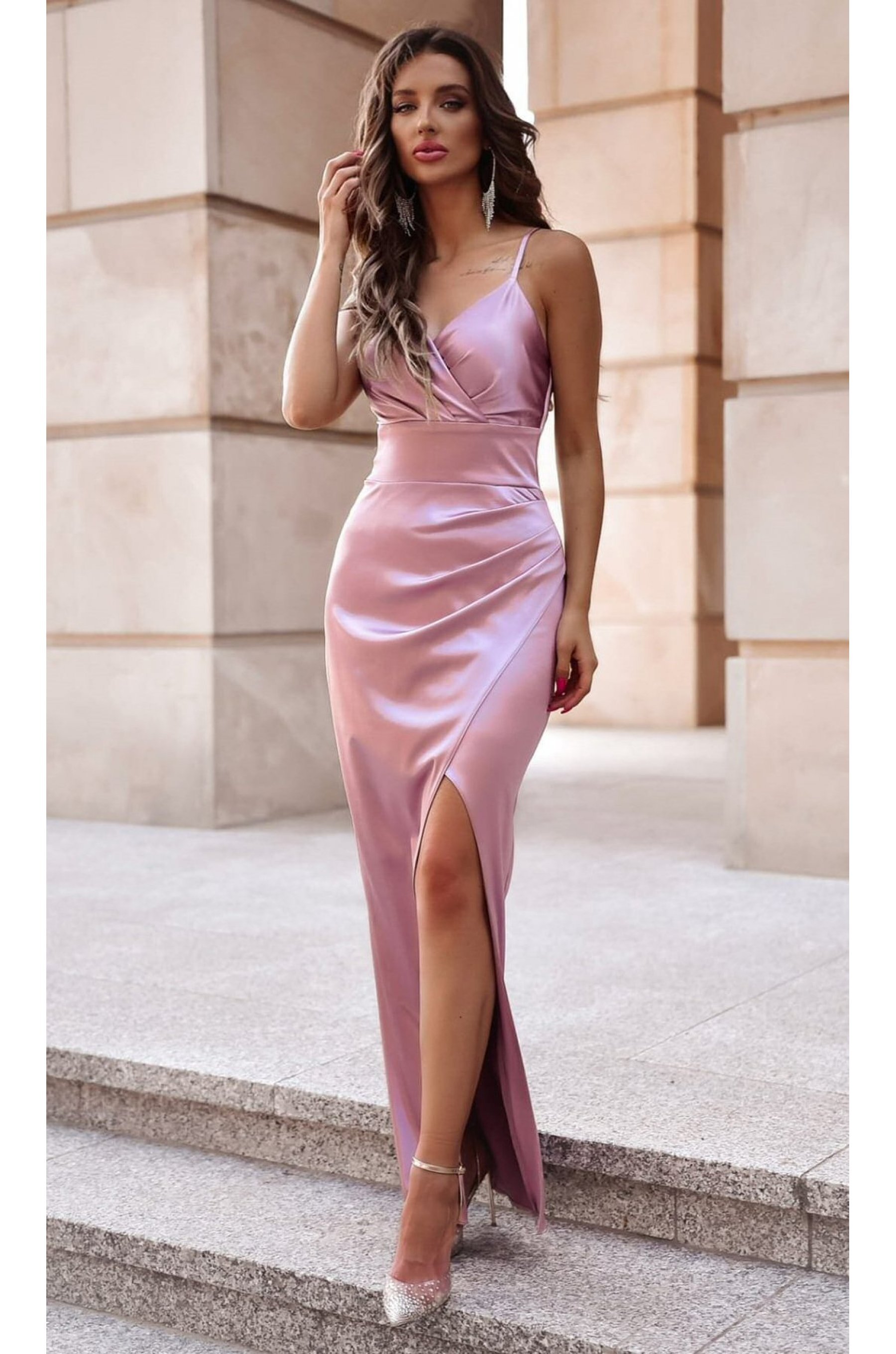 Rochie lunga roz pudra din bumbac satinat crapata pe picior KeliW ...