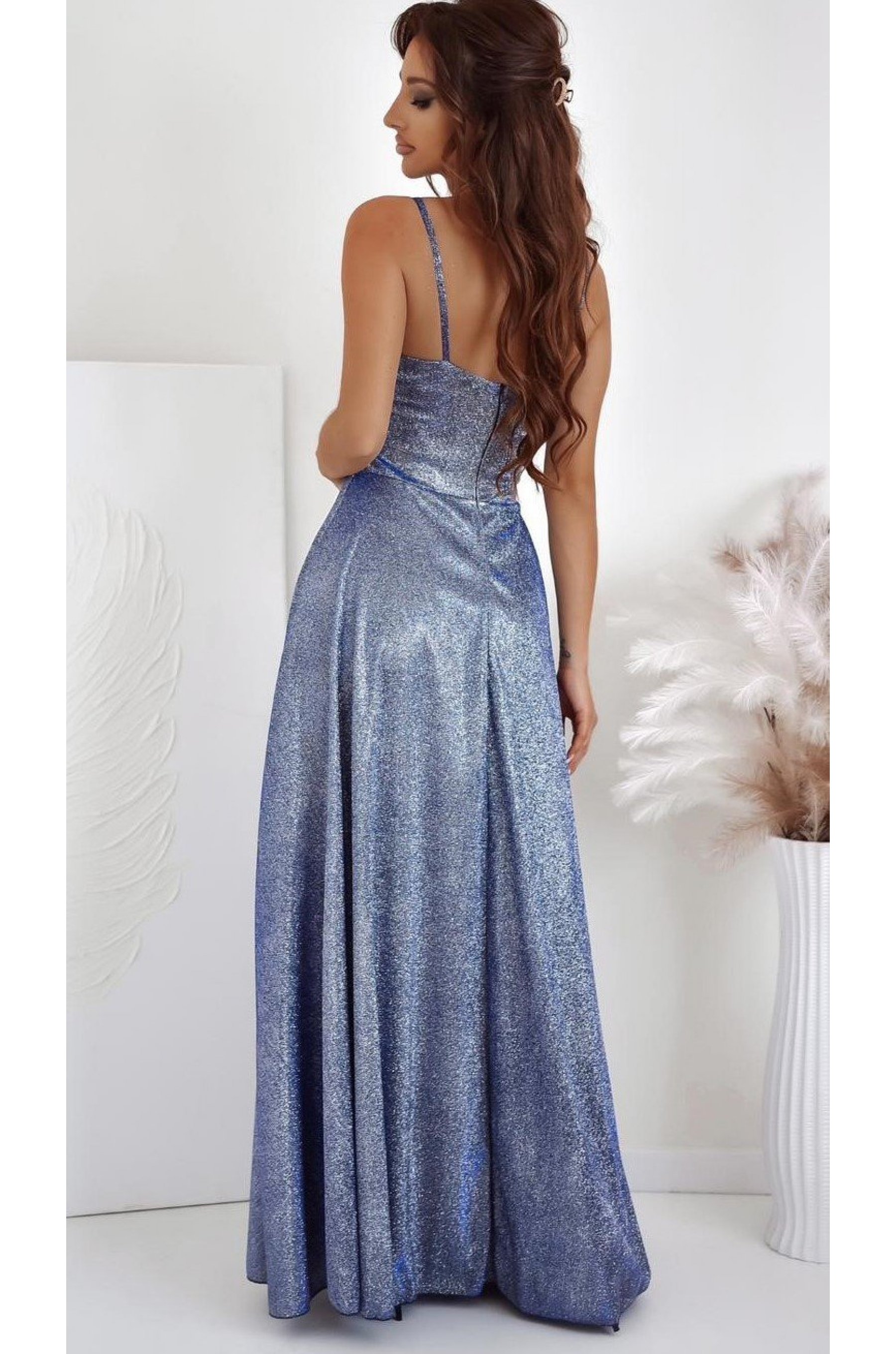 Rochie lunga din glitter gri cu reflexii argintii cu corset ...