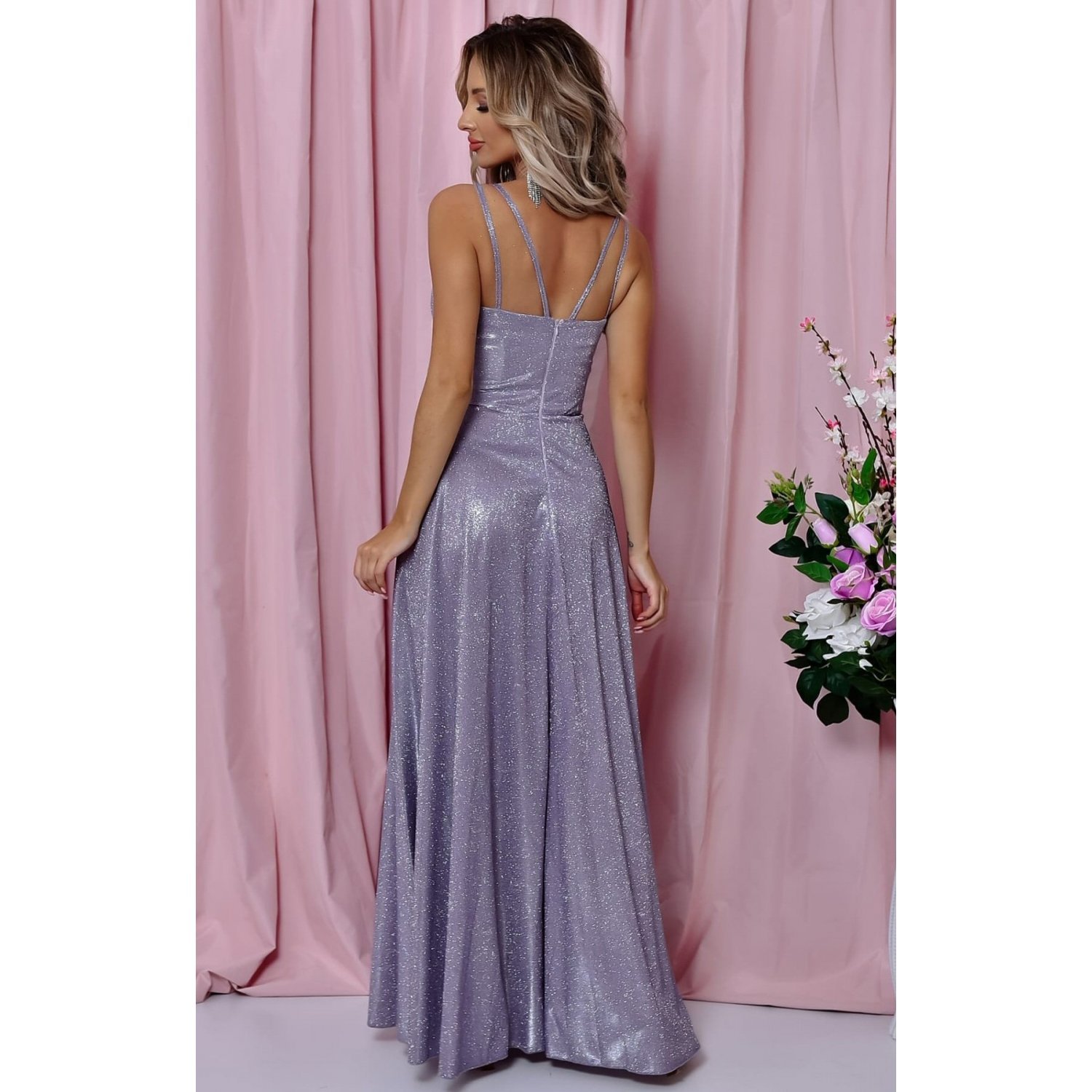 Rochie de seara lunga, bumbac cu glitter, bleu cu reflexii violet, TifaniW - JojoFashion.ro