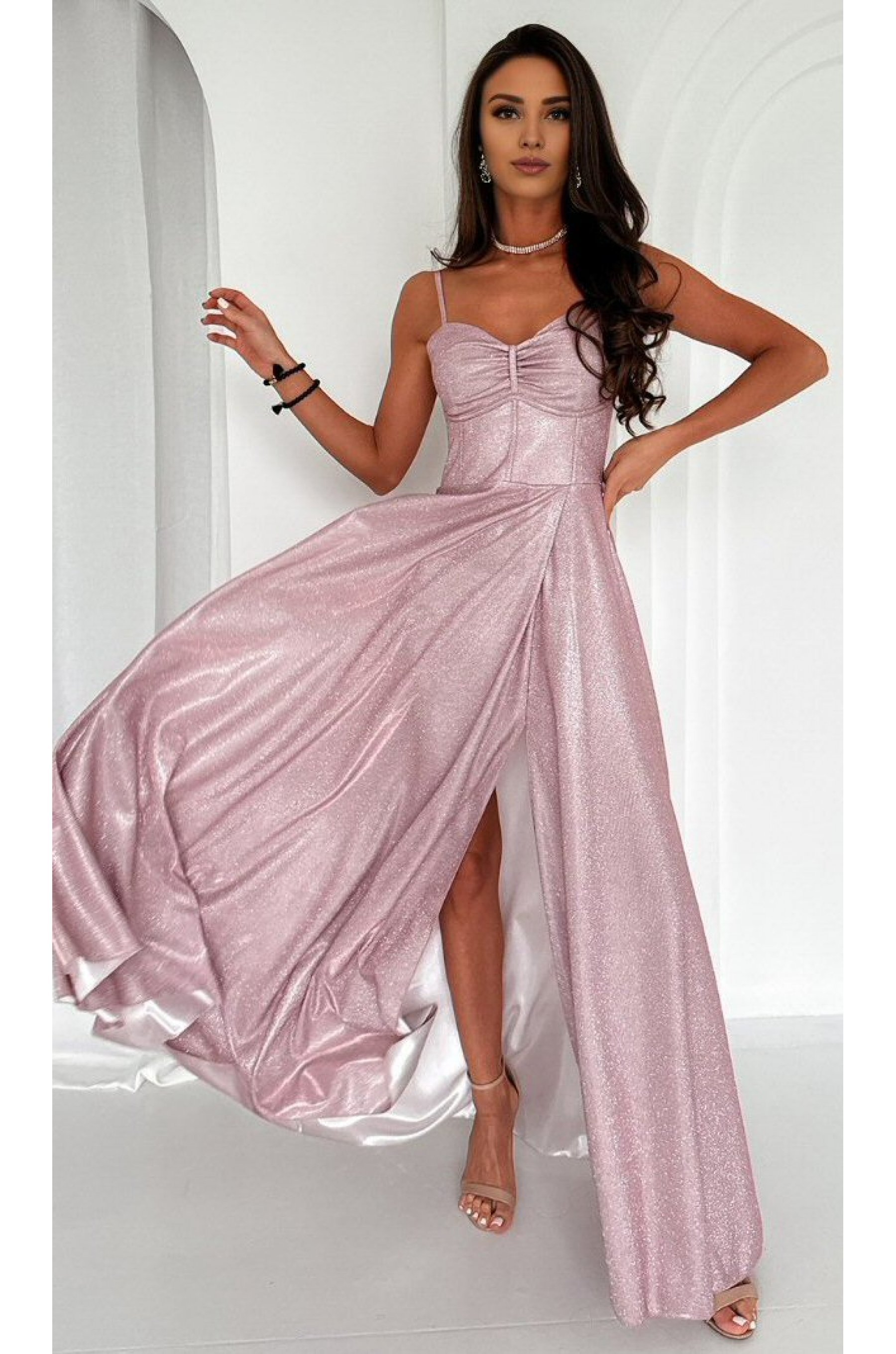 Rochie de seara lunga, glitter, roz pastel, cu corset, KareninaLux ...