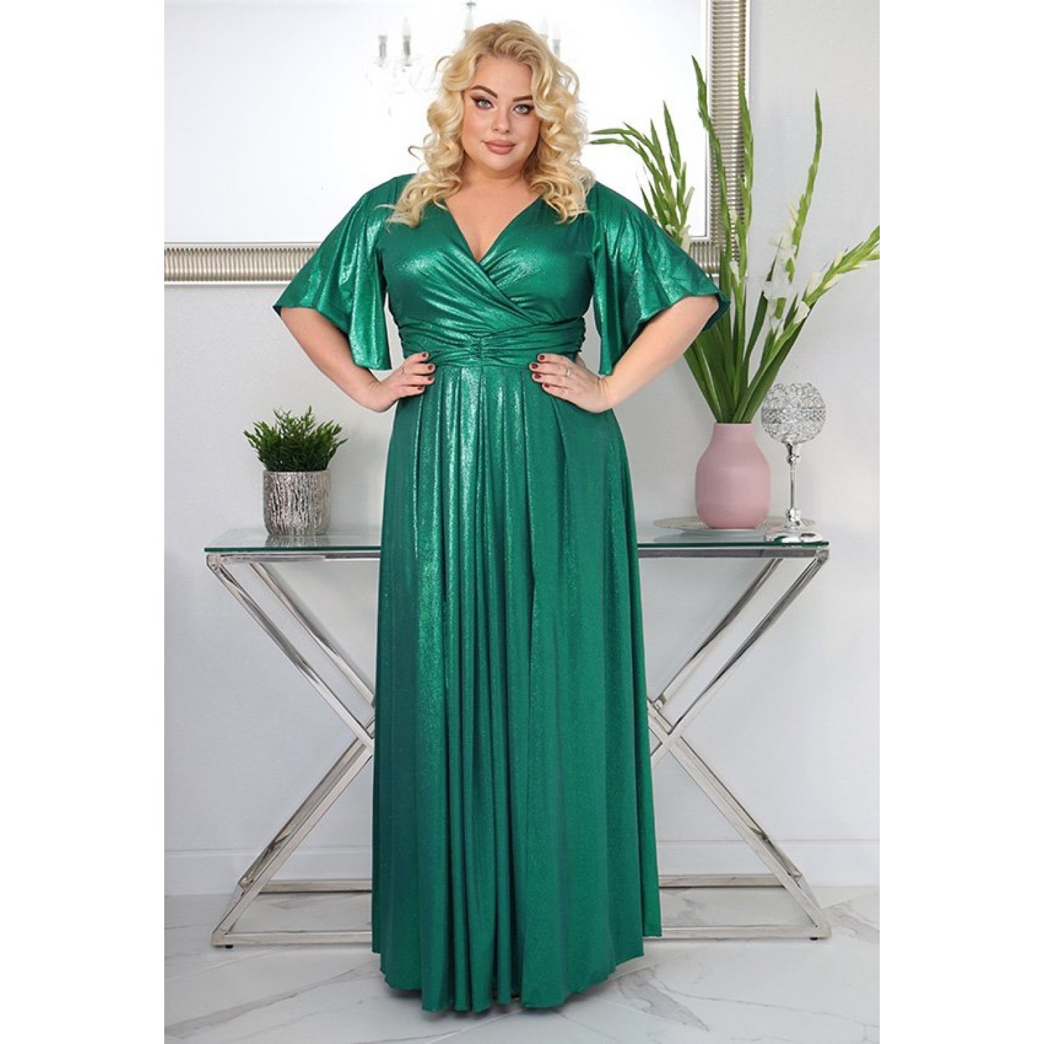 Rochie eleganta in marimi mari, lunga, din bumbac cu glitter, verde, cu ...