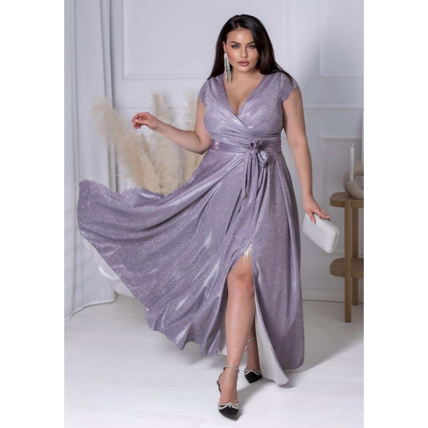 Rochie eleganta in marimi mari, lunga, din bumbac cu glitter, violet ...