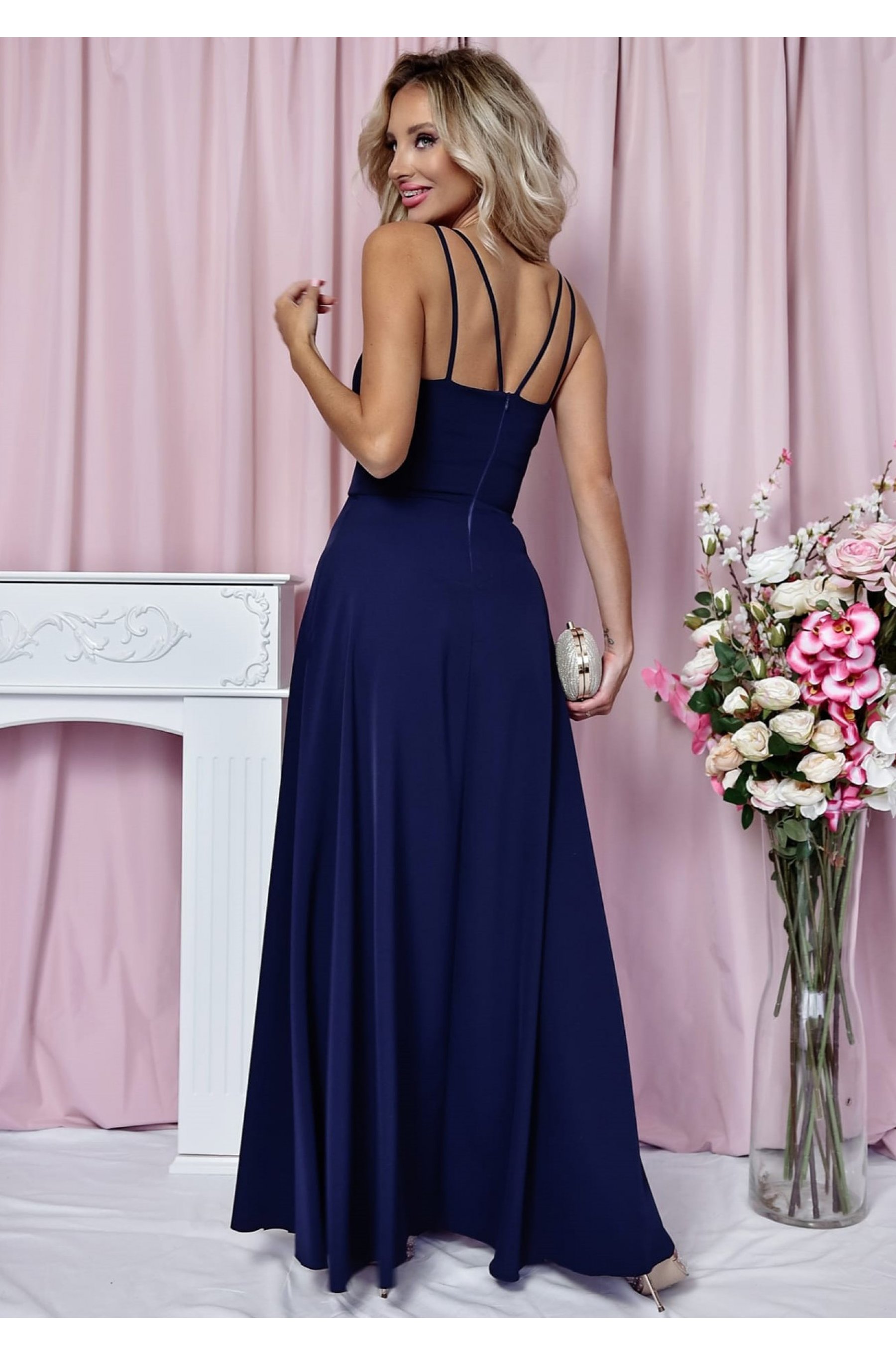 Rochie eleganta lunga, bleumarin, cu decolteu plic, TifaniW1 ...