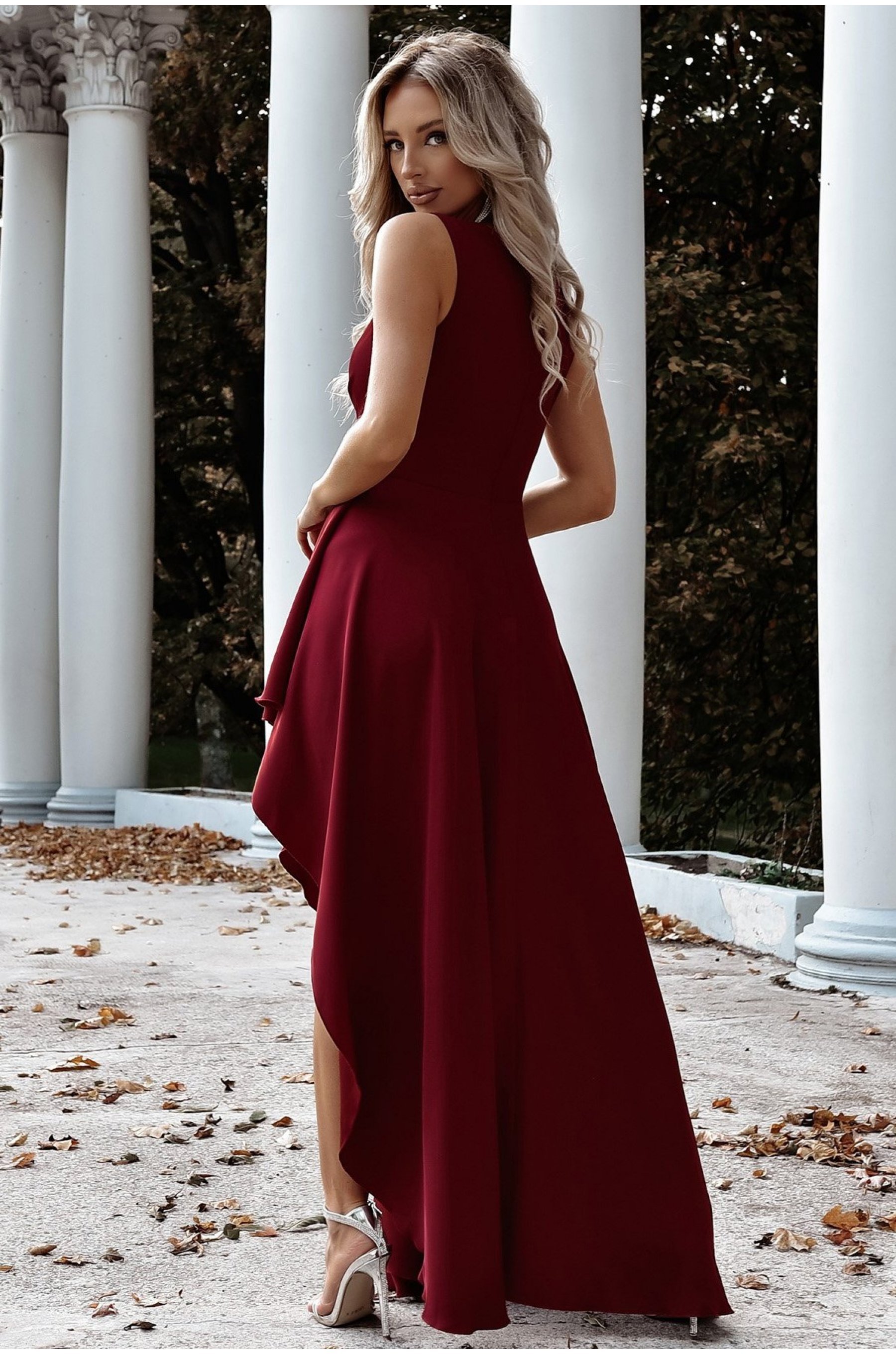 Rochie eleganta lunga, burgundy, asimetrica, ElifW - JojoFashion.ro