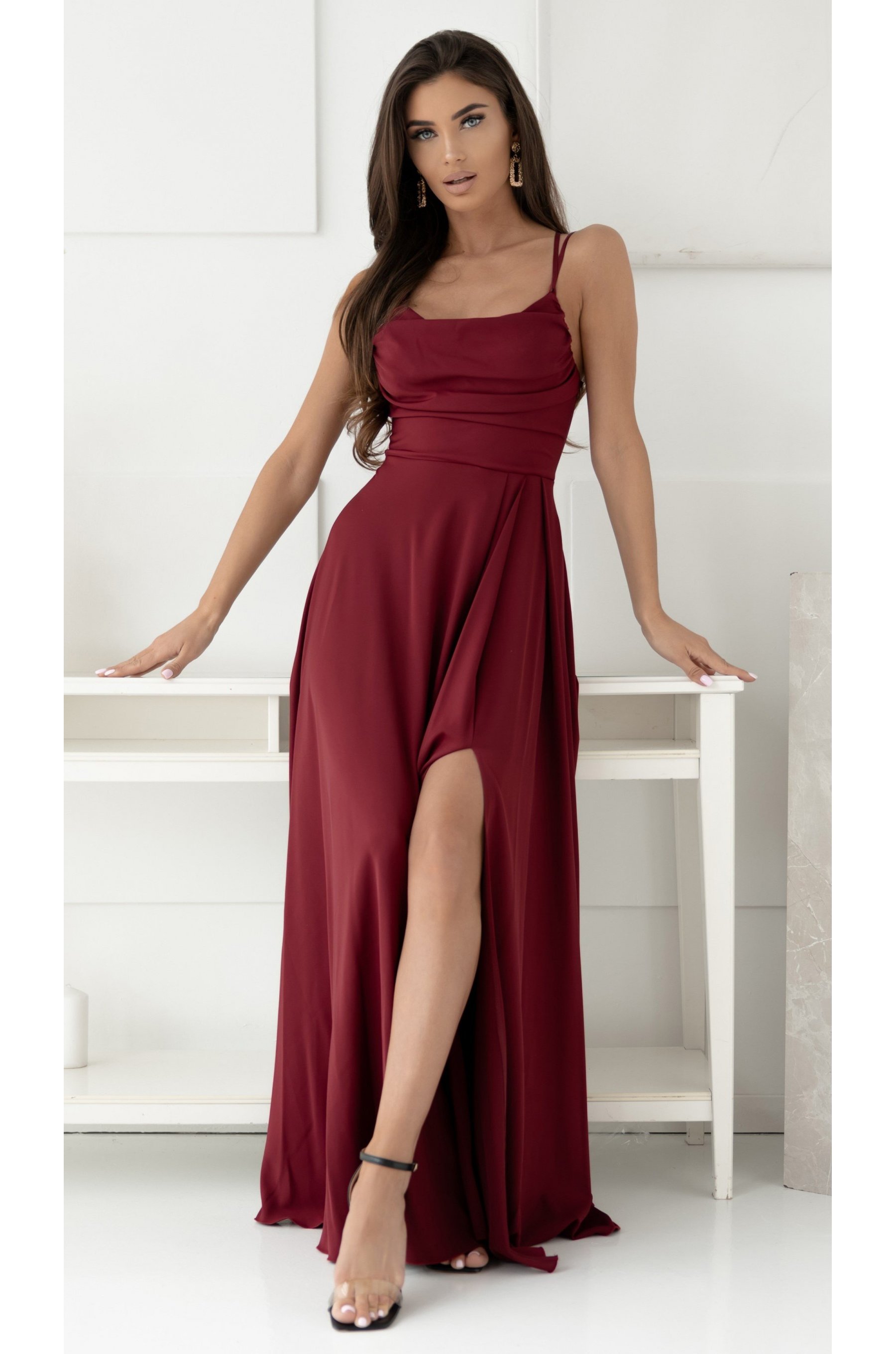 Rochie lunga burgundy cu bust tip corset ValeriaW - JojoFashion.ro