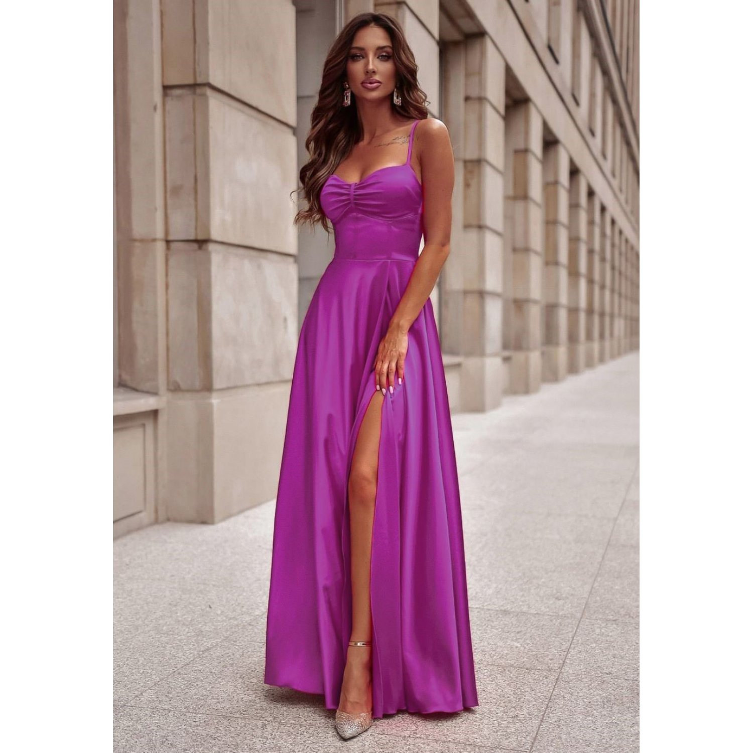 Rochie eleganta lunga, din satin, roz magenta, cu corset, Karenina - JojoFashion.ro