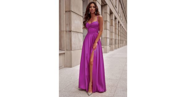 Rochie eleganta lunga, din satin, roz magenta, cu corset, Karenina ...