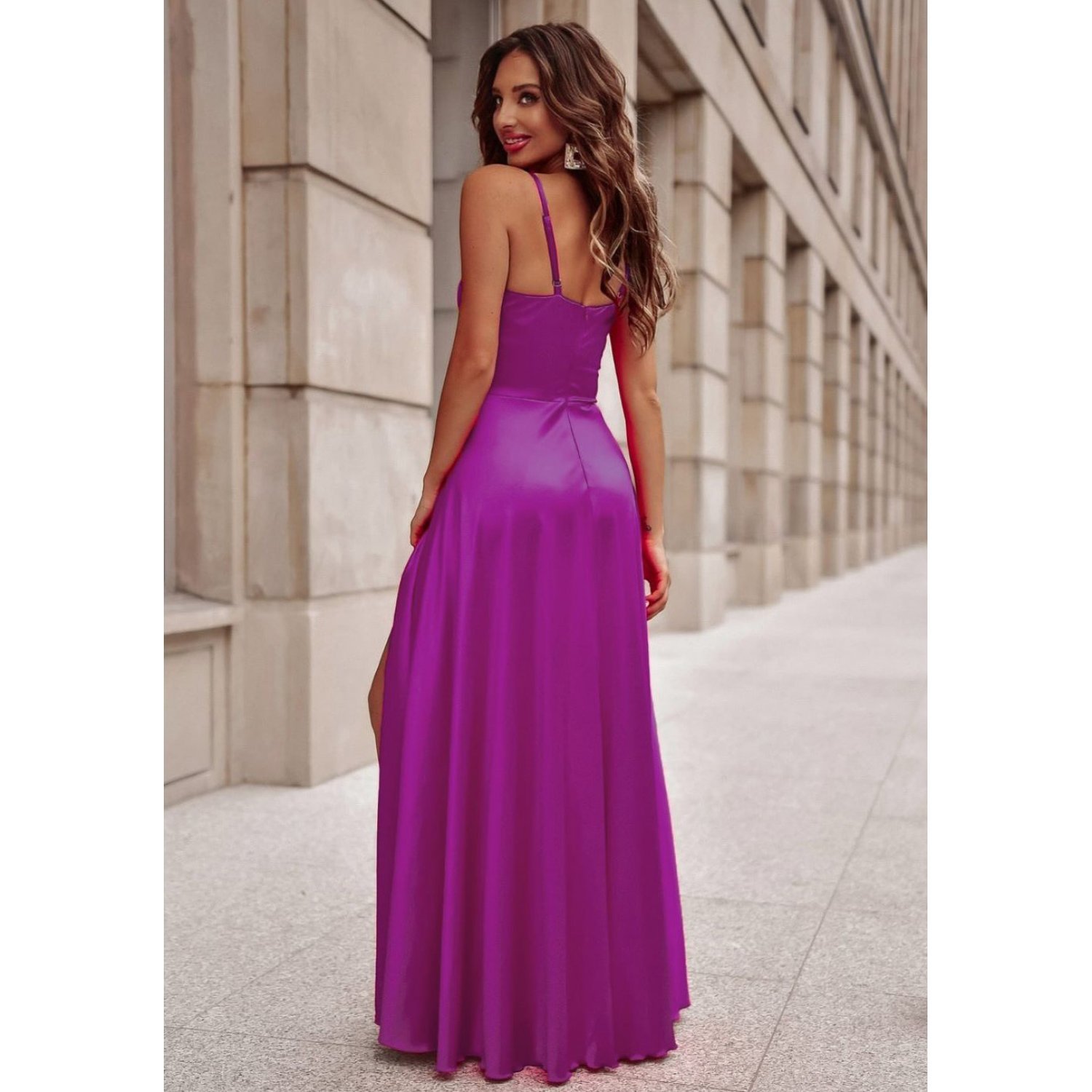 Rochie eleganta lunga, din satin, roz magenta, cu corset, Karenina - JojoFashion.ro