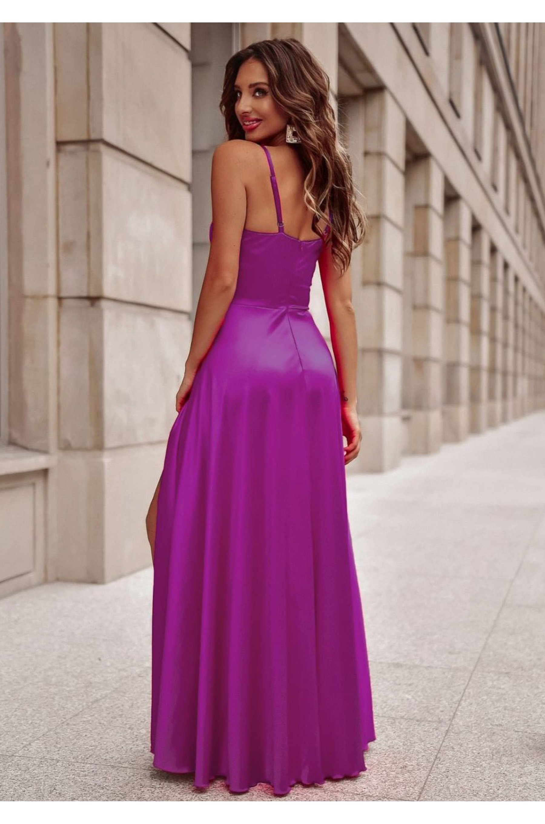 Rochie eleganta lunga, din satin, roz magenta, cu corset, Karenina ...