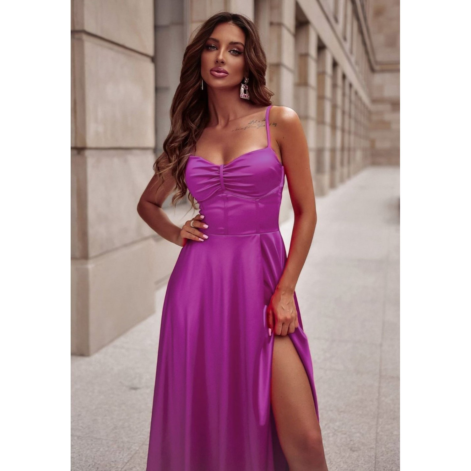 Rochie eleganta lunga, din satin, roz magenta, cu corset, Karenina ...