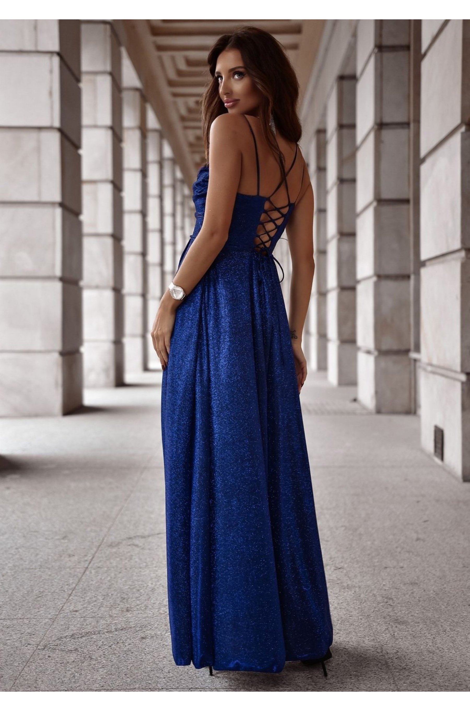 Rochie eleganta lunga din glitter bleumarin navy cu bust tip corset ...