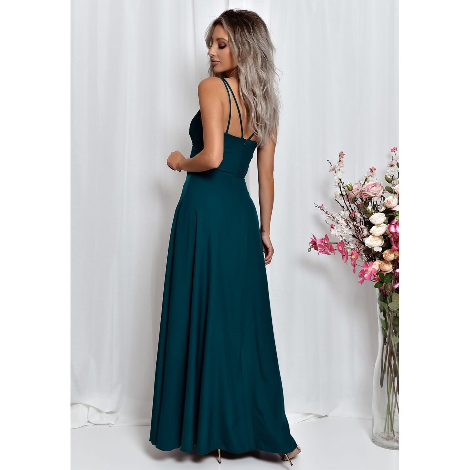 Rochie eleganta lunga, verde, cu decolteu plic, TifaniW1 - JojoFashion.ro