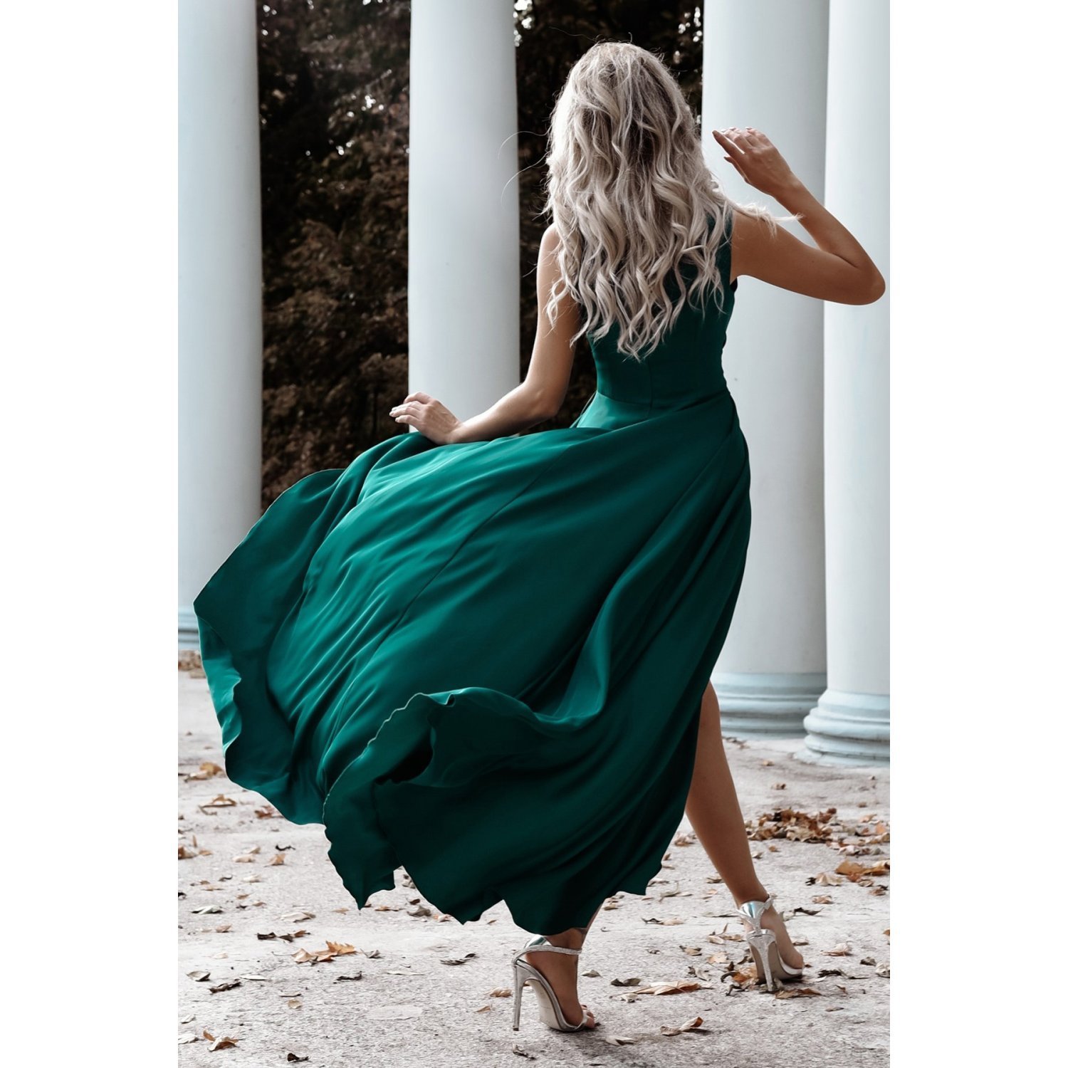 Rochie eleganta lunga, verde smarald, asimetrica, ElifW - JojoFashion.ro