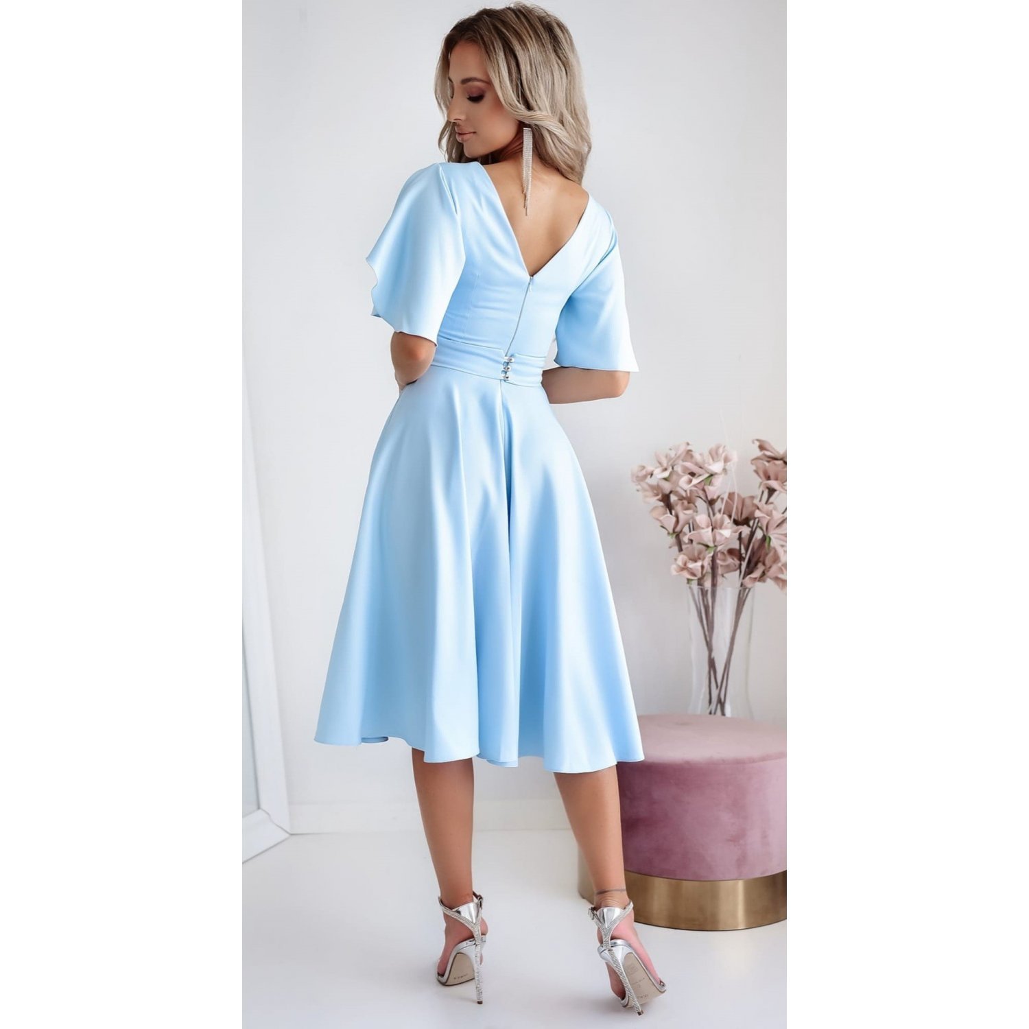 Rochie eleganta midi, din bumbac baby blue, in clos, LunaW - JojoFashion.ro