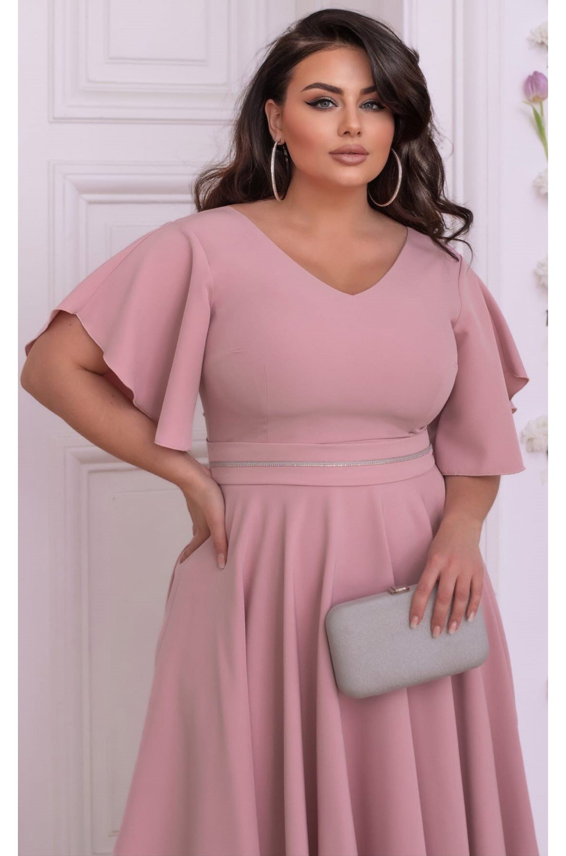 Rochie marime mare eleganta midi, bumbac, roz pudra, cu maneca clopot ...