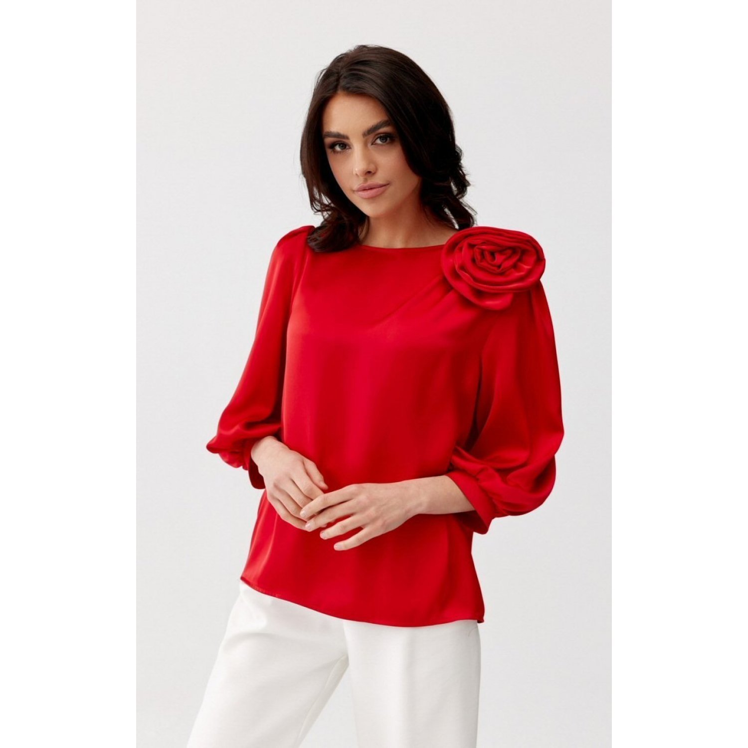 Bluza dama cu floare, din satin, rosie, GianaR - JojoFashion.ro
