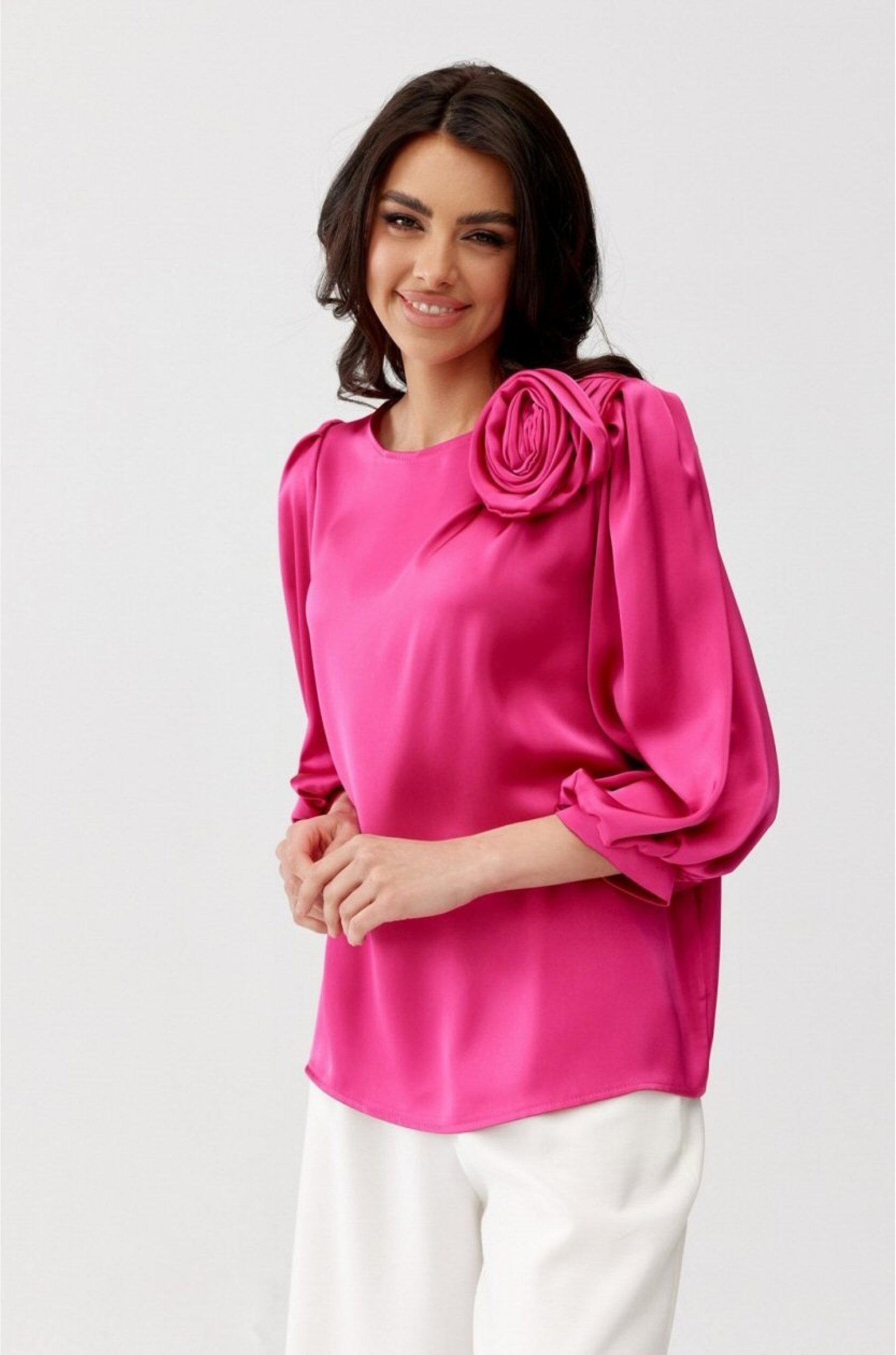 Bluza dama eleganta, din satin, roz fucsia, cu floare, GianaR ...