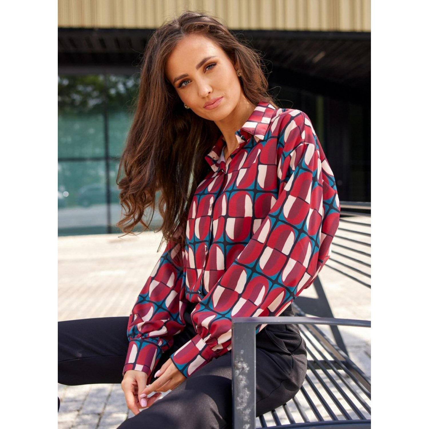 Camasa dama eleganta, burgundy cu print colorat, maneca larga, Sakima ...
