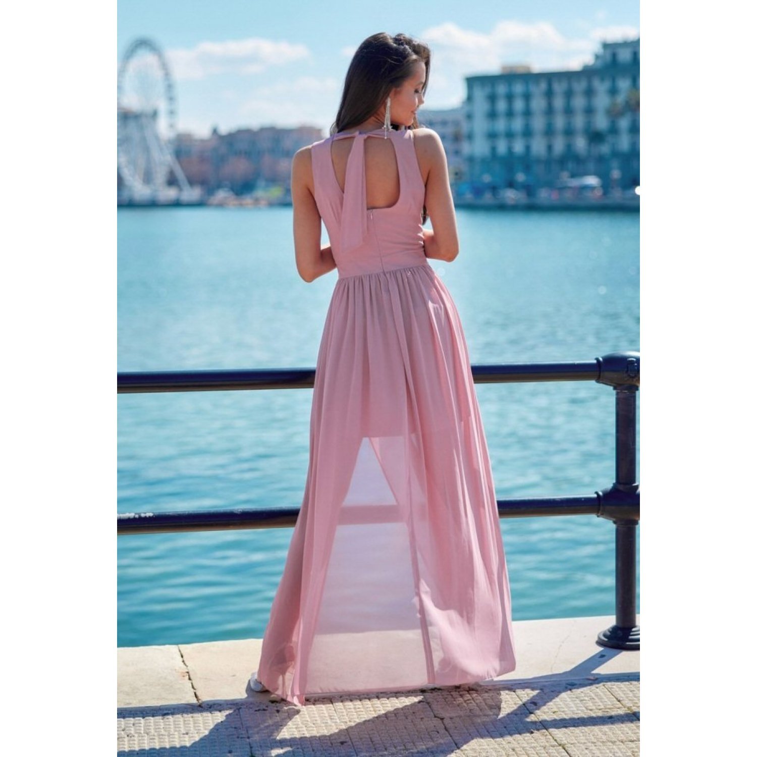 Rochie lunga din voal roz prafuit vaporoasa Yurianne - JojoFashion.ro