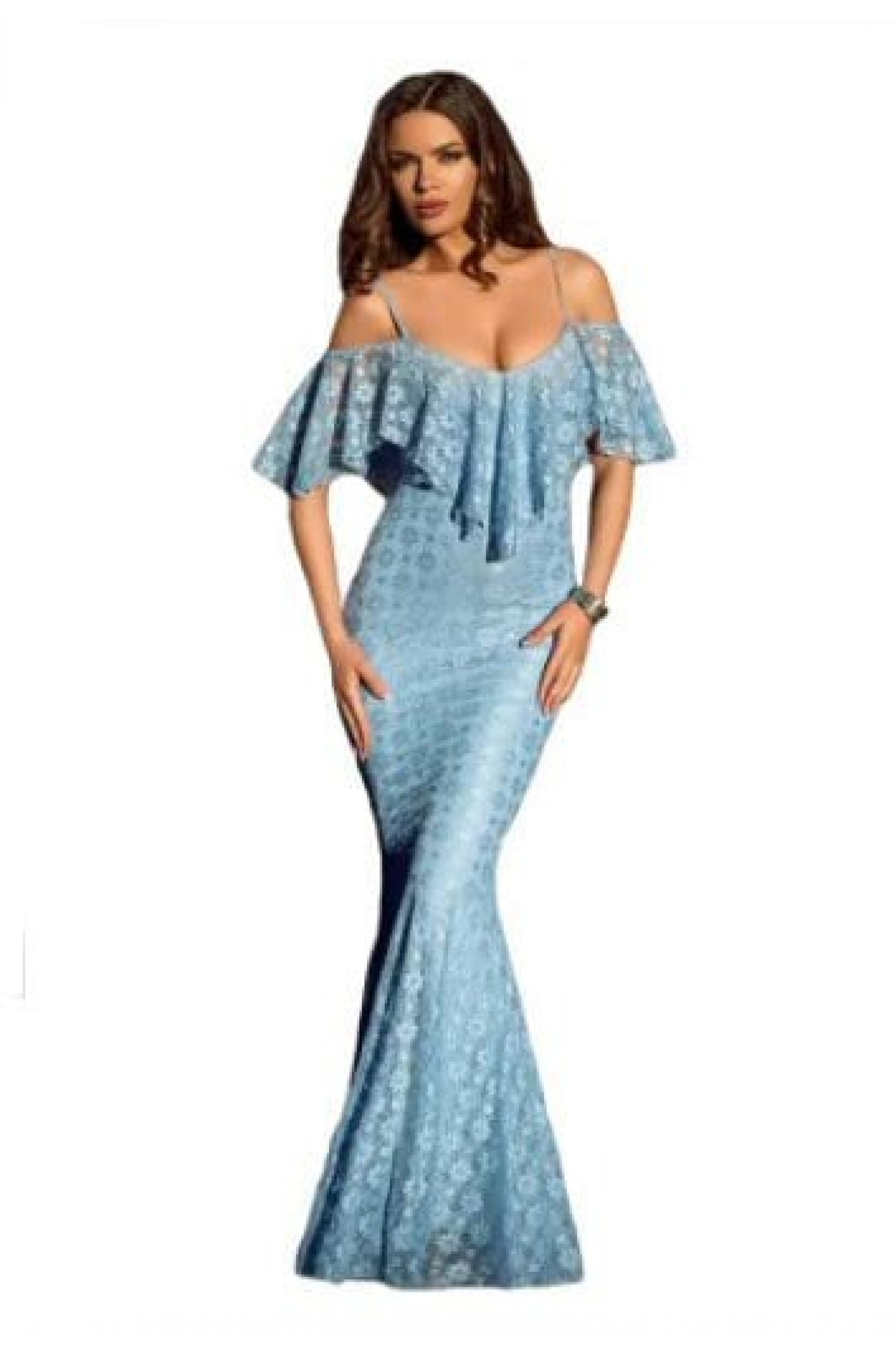 Rochie lunga sirena din dantela bleu cu volan pe umeri Delia