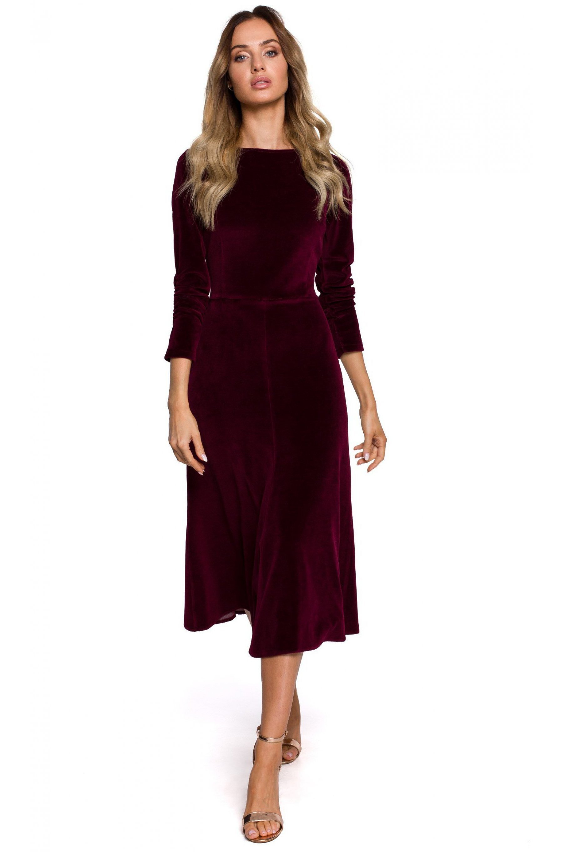 Rochie eleganta midi catifea burgundy clasica Simina - JojoFashion.ro