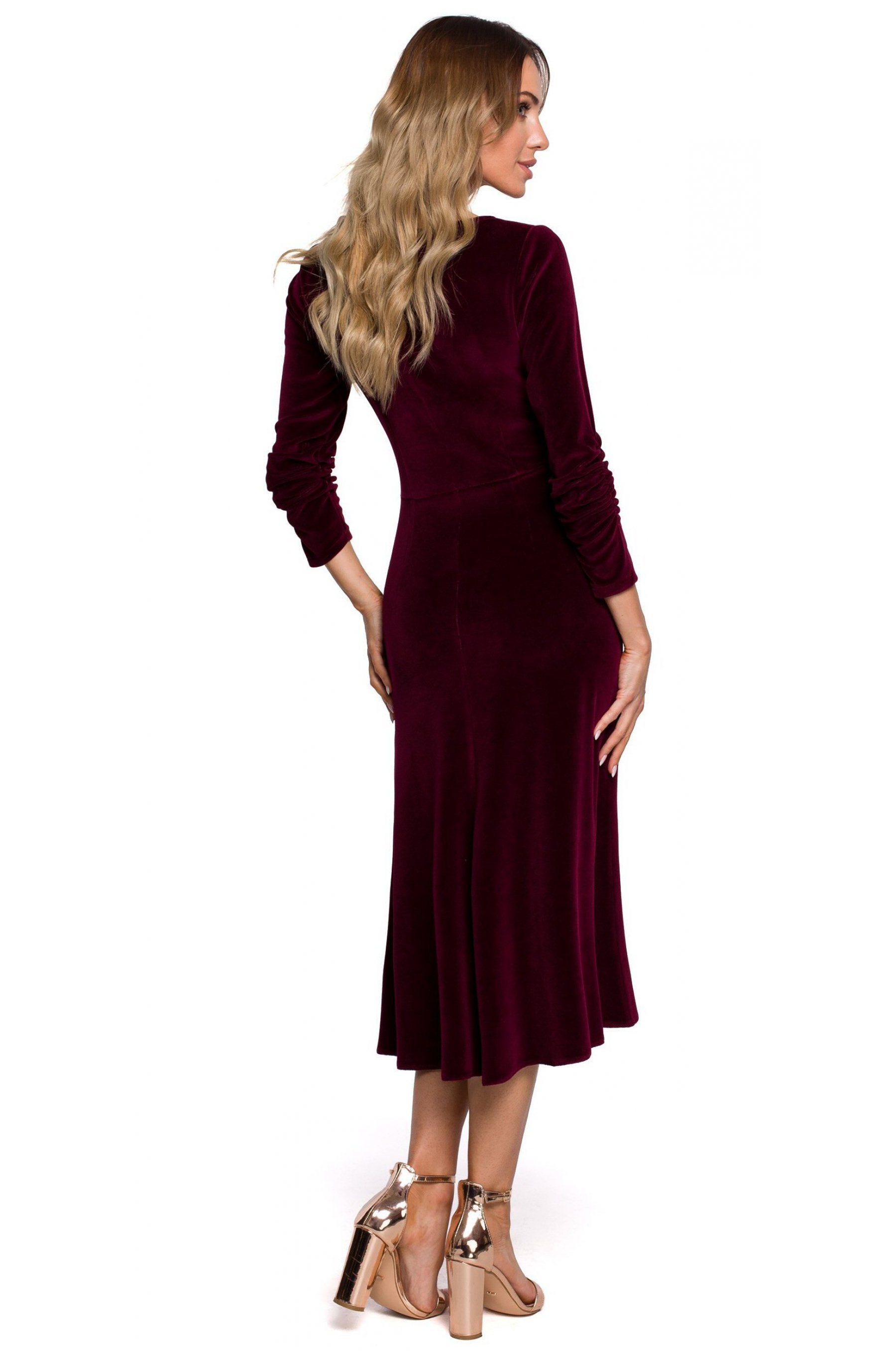 Rochie eleganta midi catifea burgundy clasica Simina - JojoFashion.ro