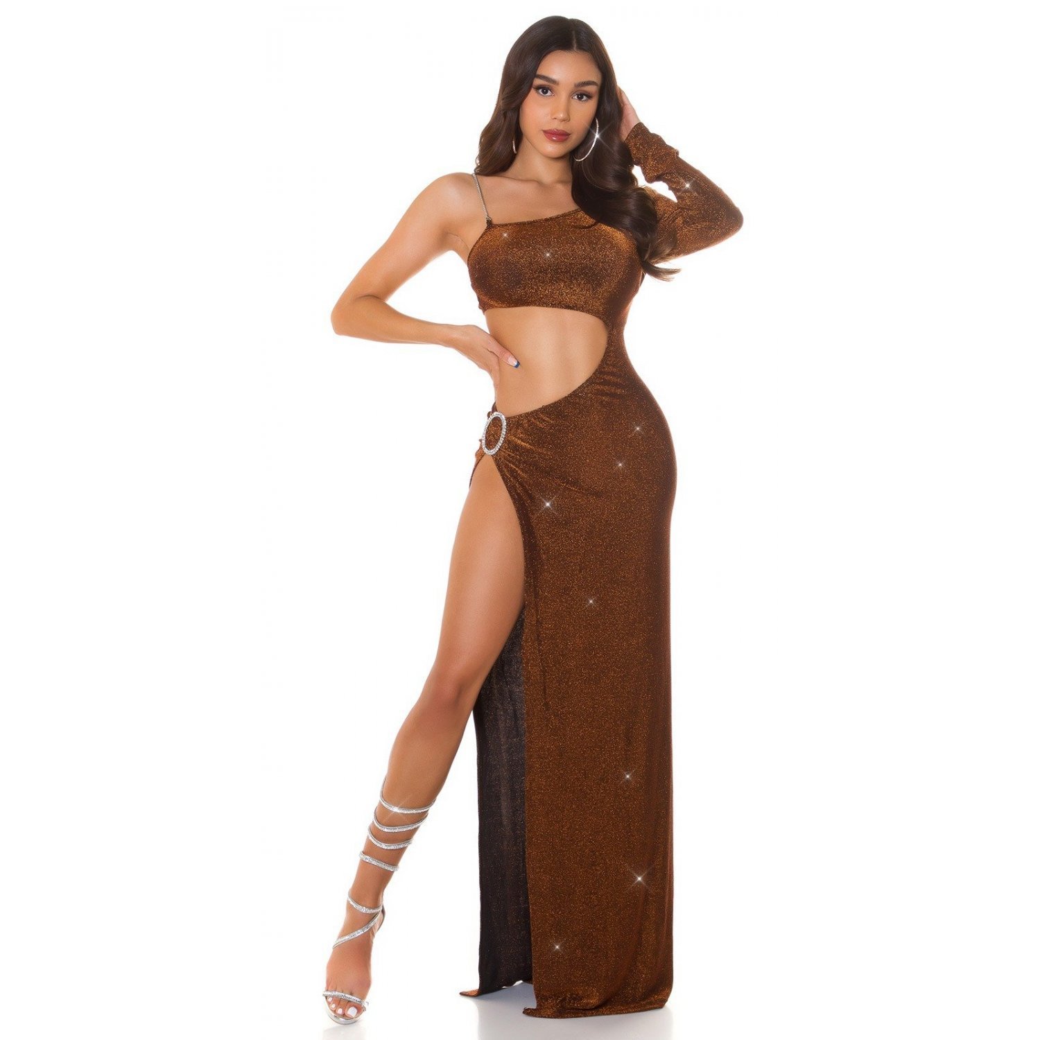 Rochie lunga mulata din glitter bronz cu maneca lunga Ginger - JojoFashion.ro