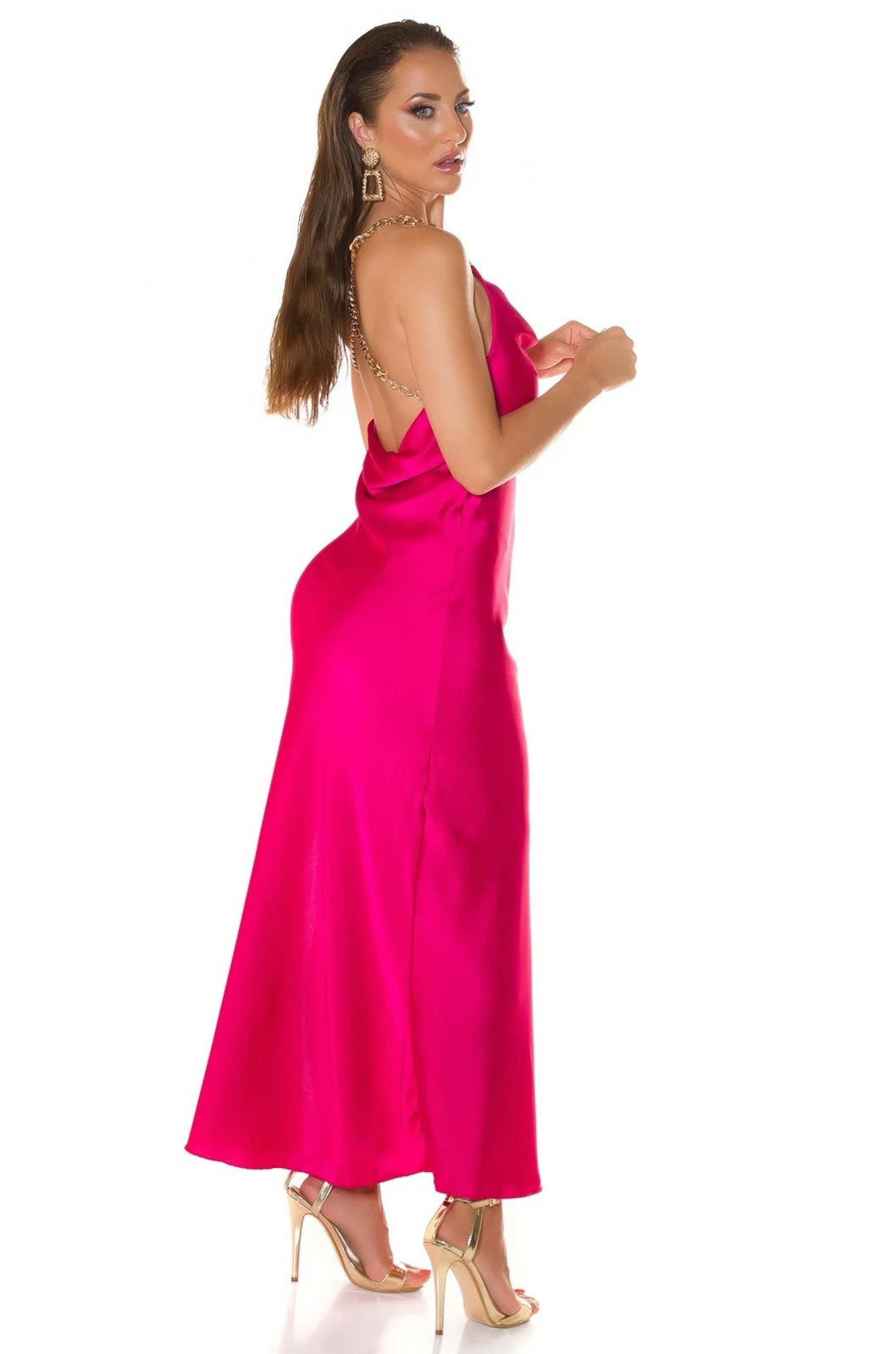 Rochie de club tip furou lunga satin roz ciclam India - JojoFashion.ro