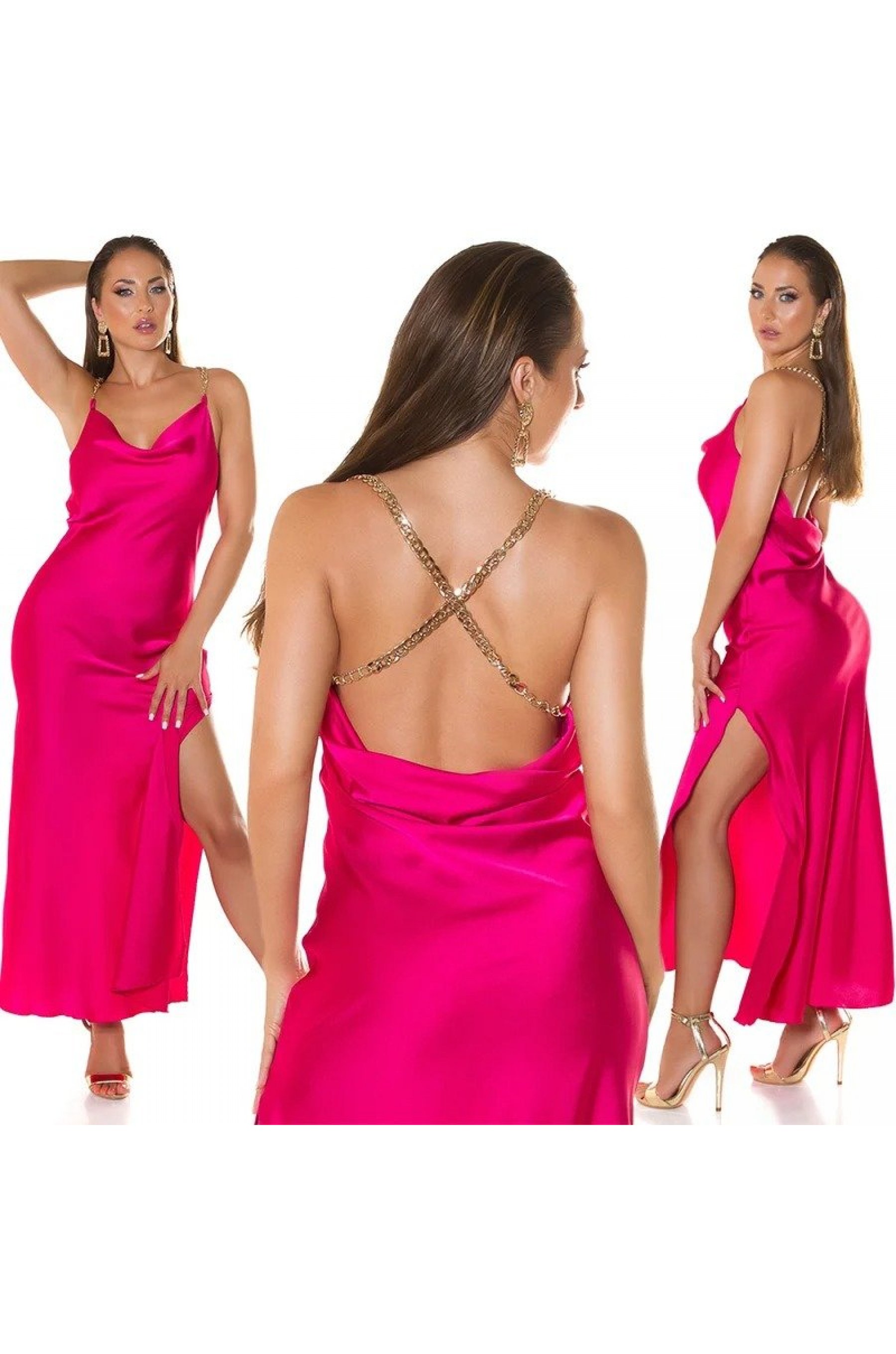 Rochie de club tip furou lunga satin roz ciclam India - JojoFashion.ro