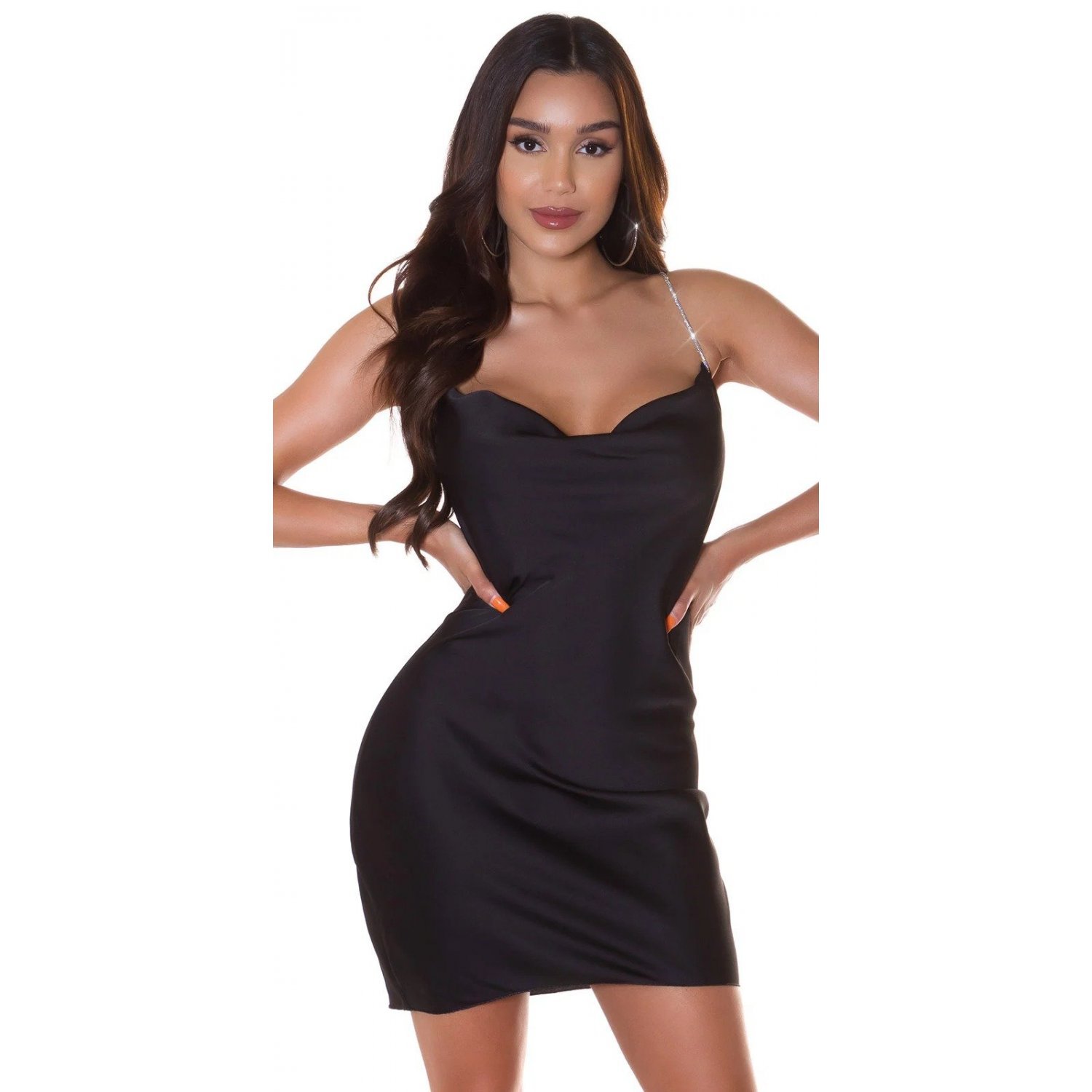 Rochie de cocktail scurta tip furou satin negru Valeria - JojoFashion.ro