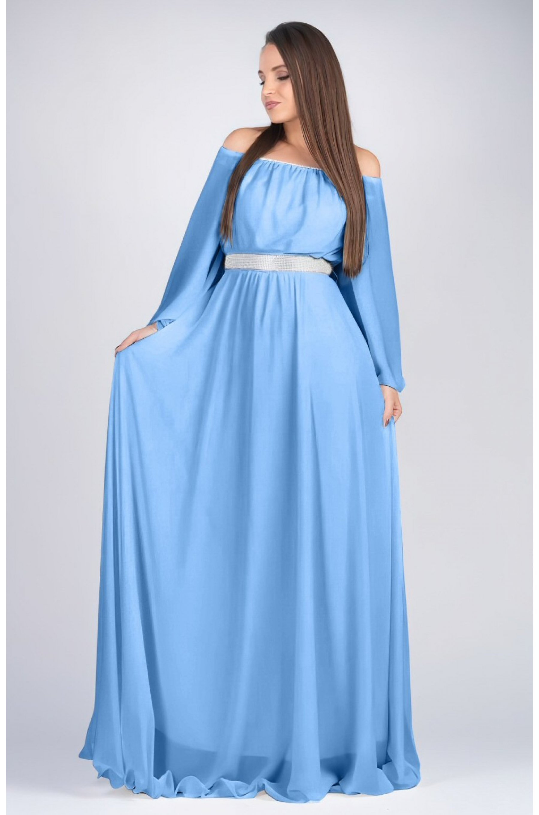 Rochie lunga din voal baby blue vaporoasa Cinderella - JojoFashion.ro
